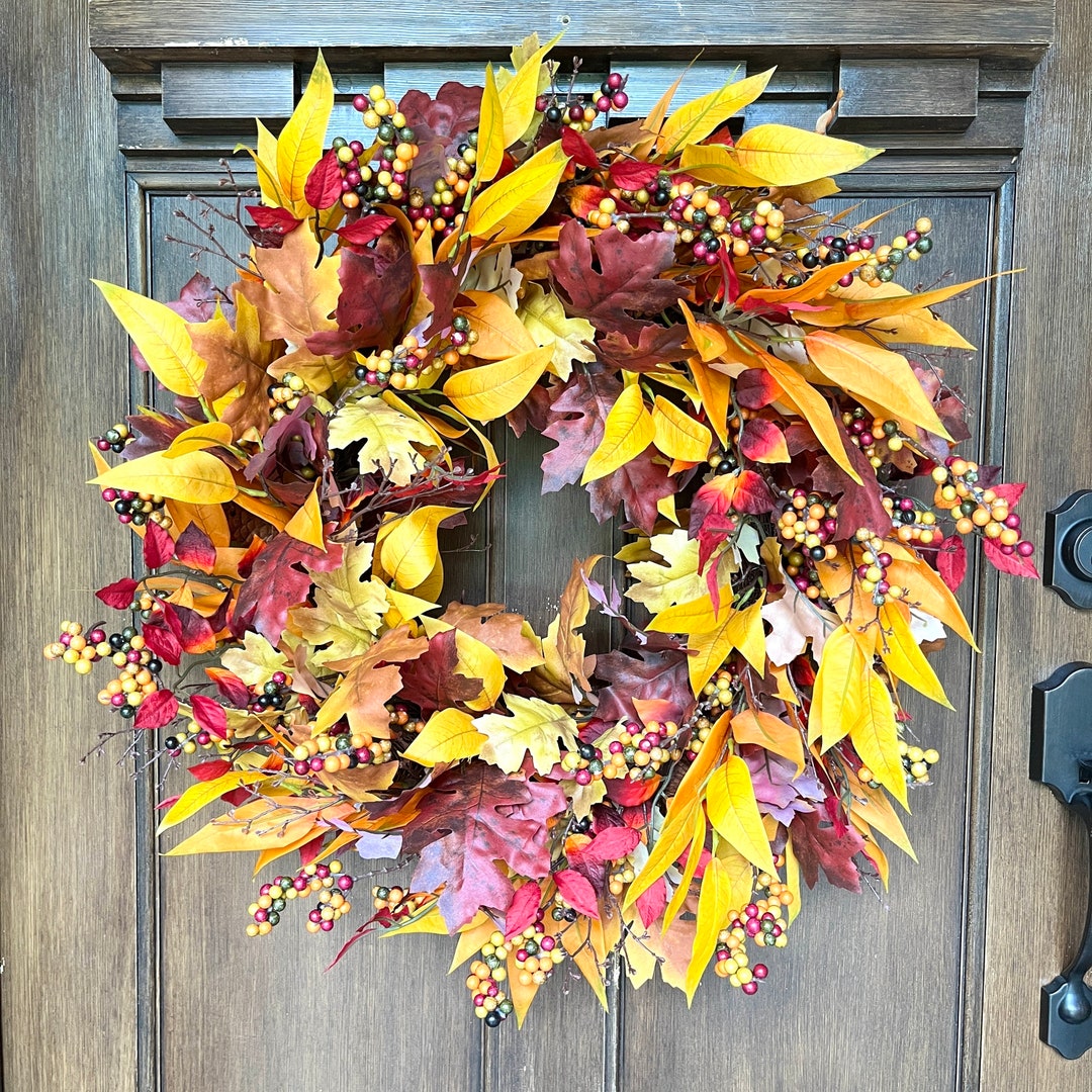 Fall Leaves Wreath for Front Door Decor Maple Leaf Wreath Fall Berry ...