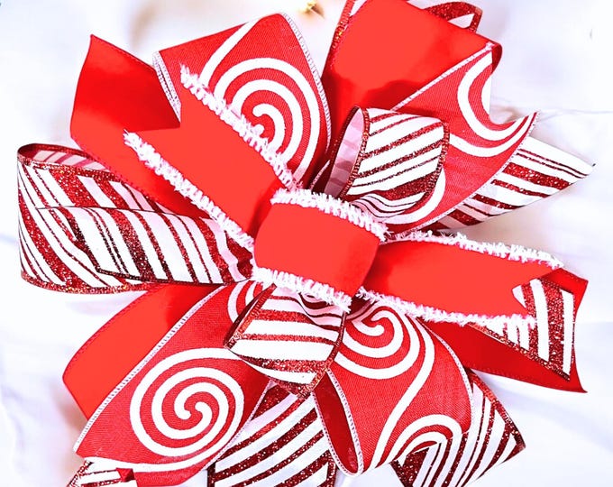Red and Green Glittered Stripe Christmas Bow for Front Door Wreath, Xmas Winter Decoration, Swag ...