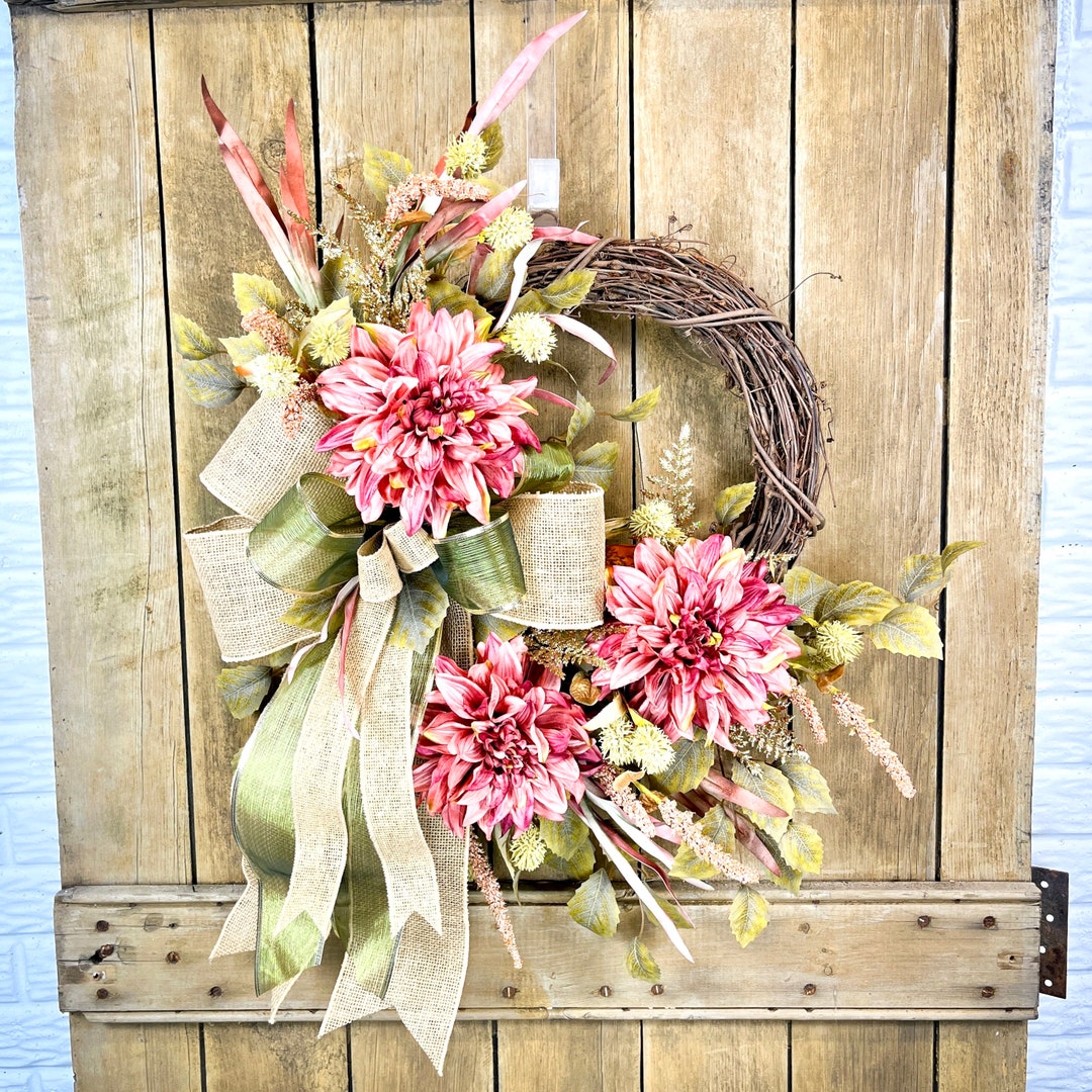 Pink Fall Wreath for Front Door With Gold Fall Dahlia Wreath Pink Fall ...