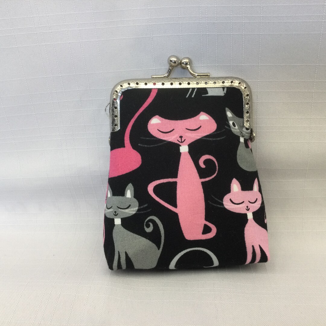 Cat Print Coin Purse, Silver Ball Clasp, Pink & Gray Cotton Pouch - Etsy