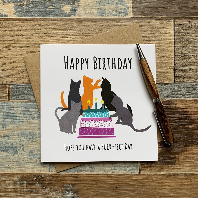 Happy Birthday Card Have a Purr-fect Day Cat and Cake Can | Etsy UK