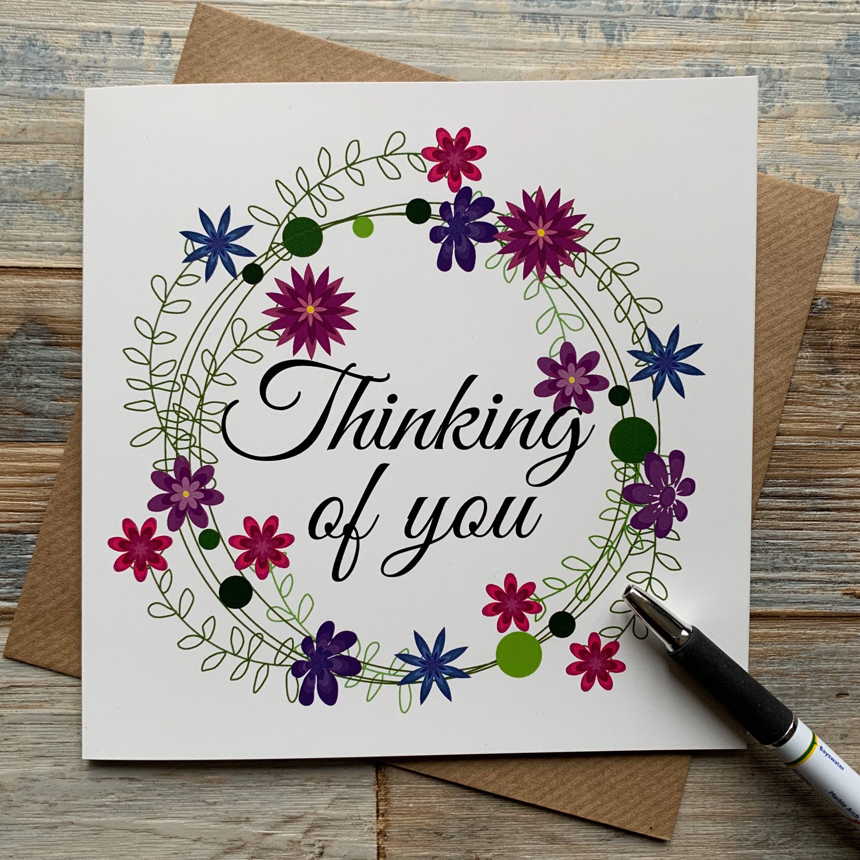 Thinking of You Card | Wreath of Flowers Design | Personalised Card - Etsy