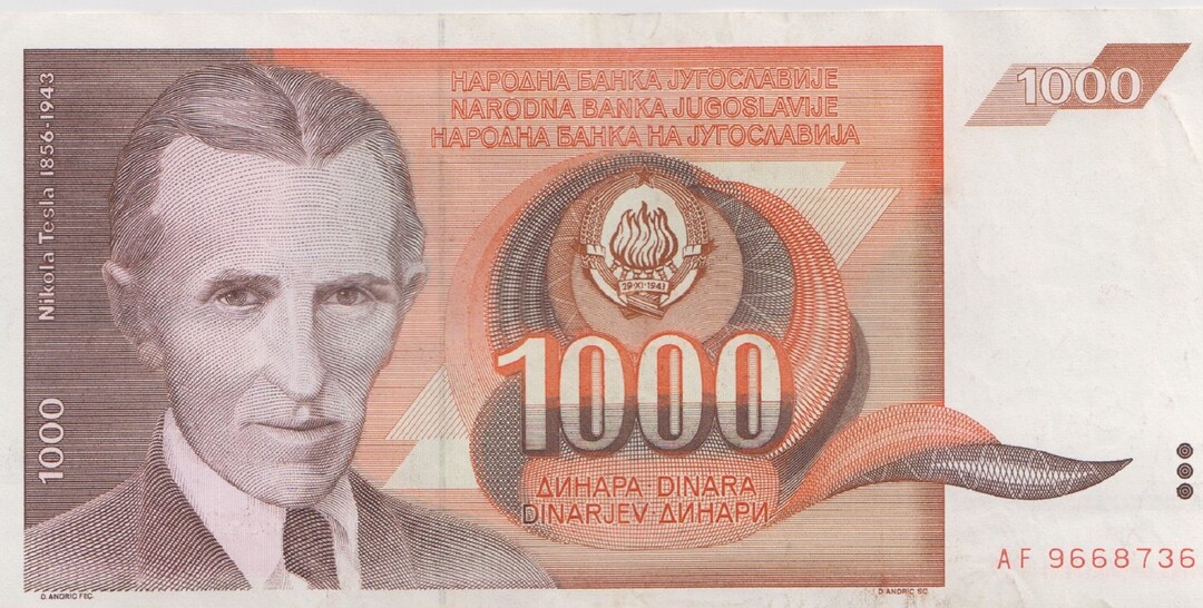 Nikola Tesla Picture Art on Yugoslavia 1990's 1,000 Dinara Circulated ...