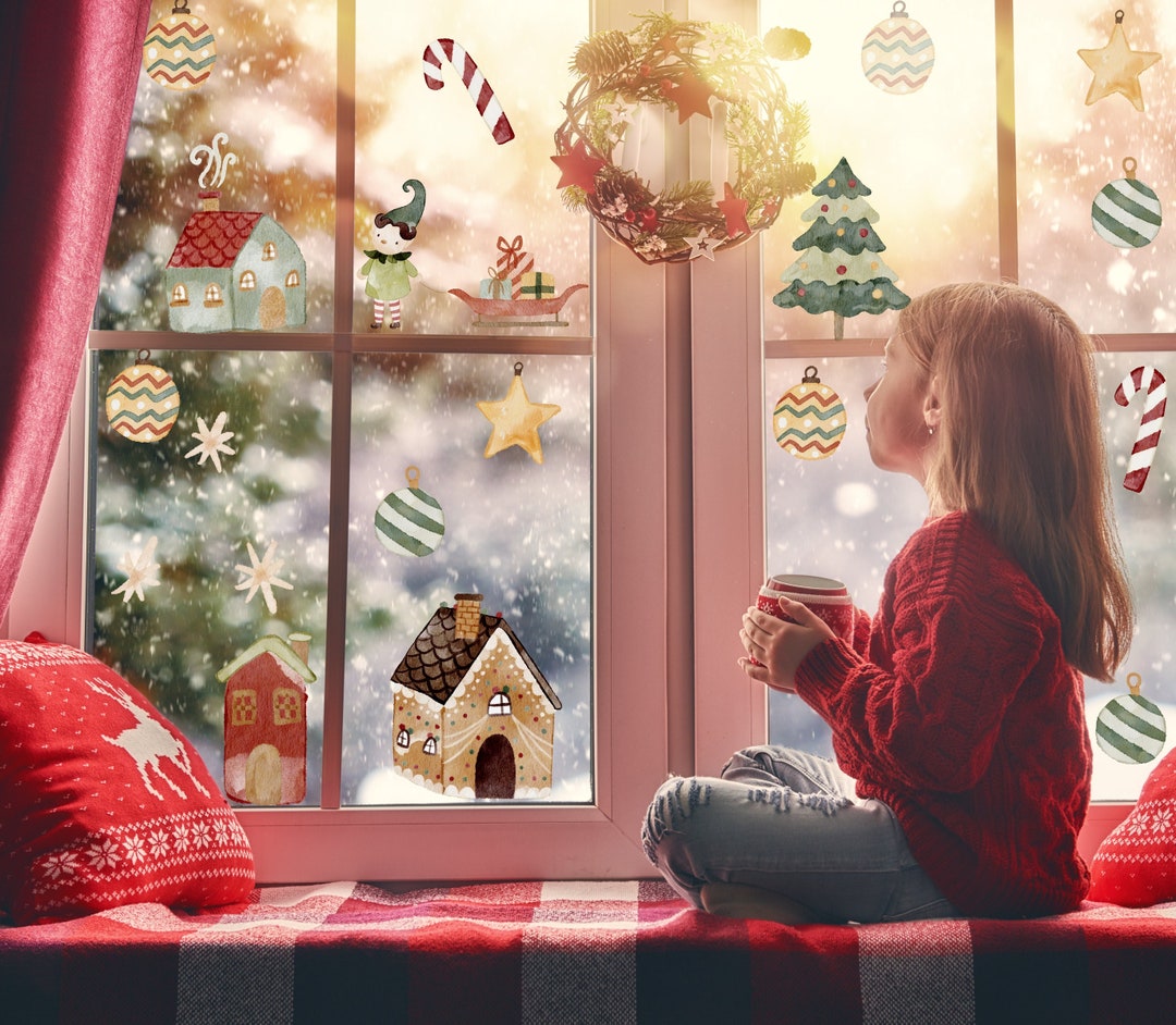 24 Christmas Watercolor Window Decals Stickers, Cute Winter Festive ...
