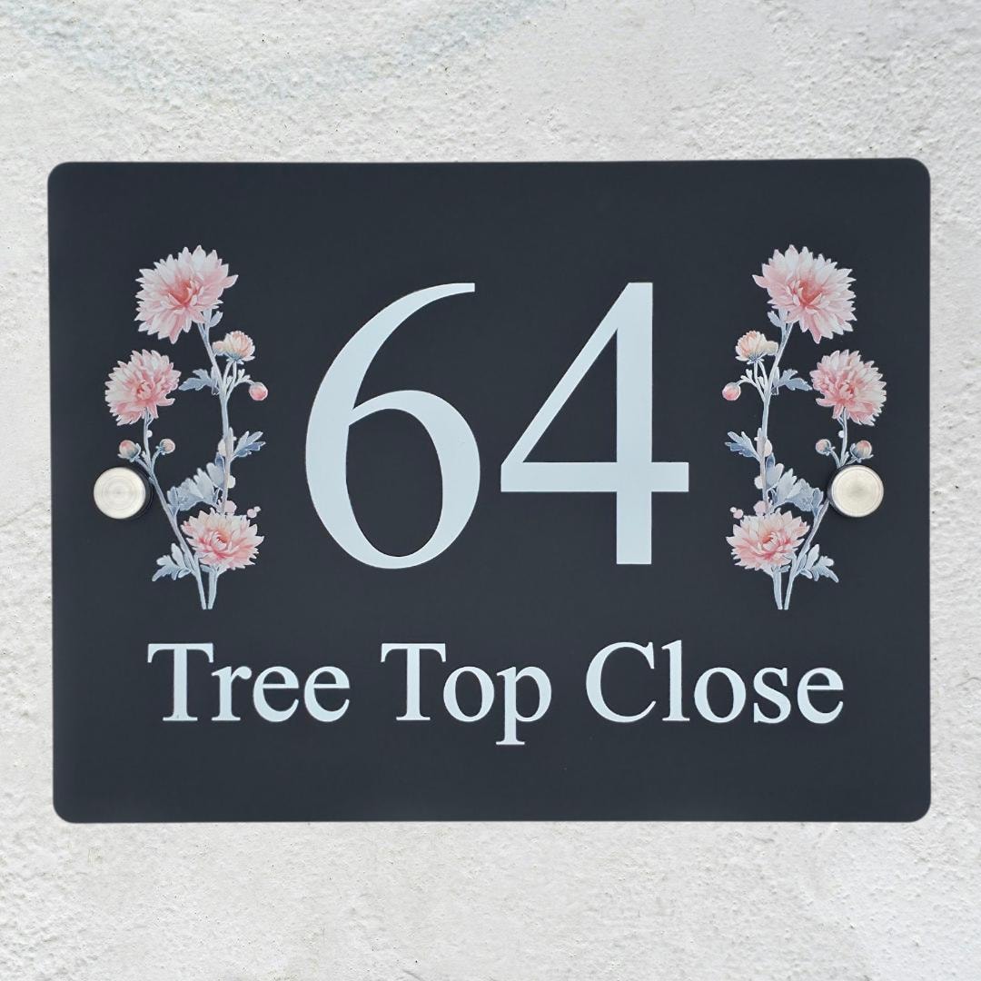 Floral House Number Street Name Sign Plaque | Flower Printed House ...