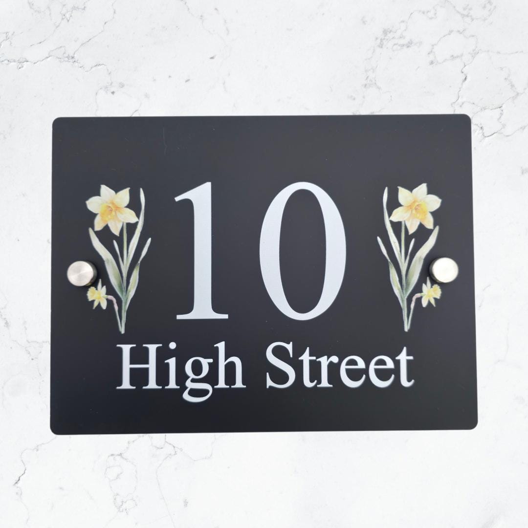 Floral House Number Sign Plaque Plate | Black Acrylic Floating Standoff ...