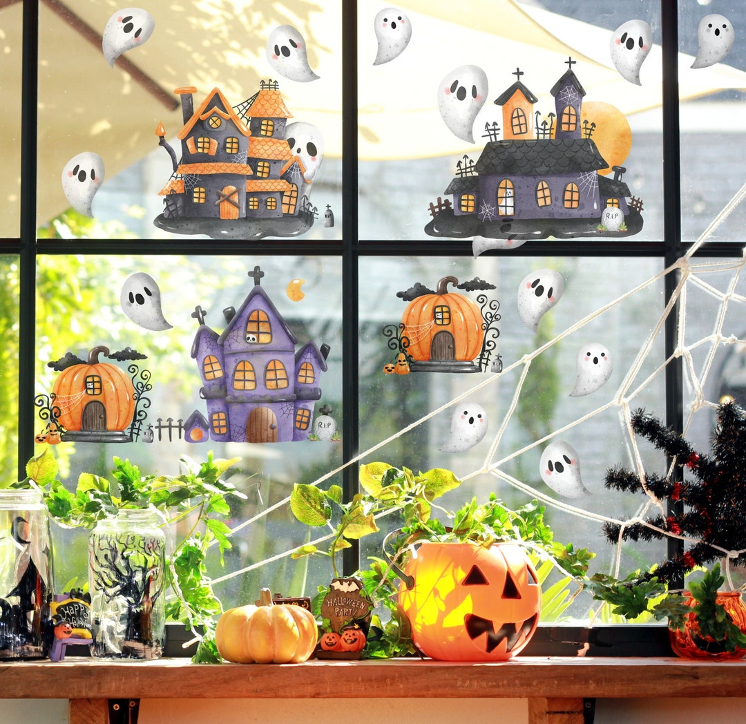 Haunted House Halloween Decorations Window Stickers Pumpkin Grave Scary ...