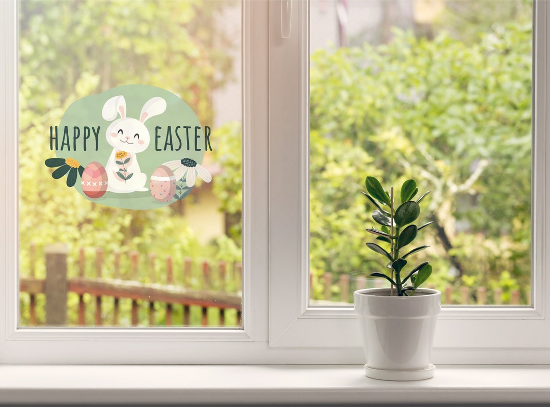 Happy Easter Bunny Eggs & Flowers Window Sticker, Spring Window Decal ...
