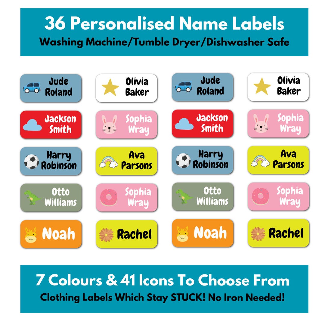 36 Washable Name Labels for Kids Clothes Colorful Icons Stick on Tags ...