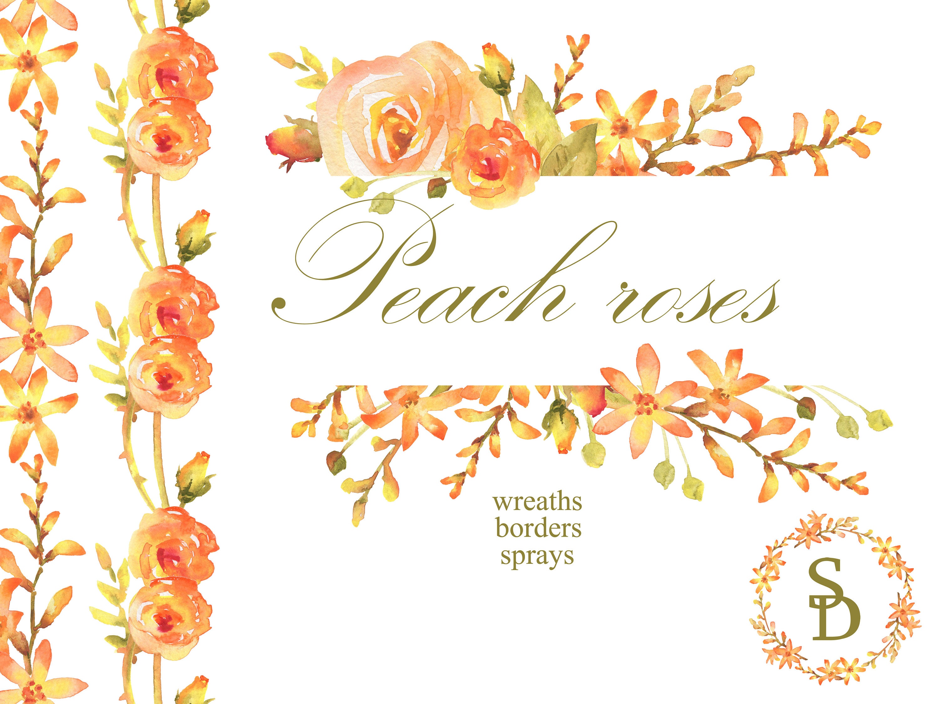 Peach Rose Spray Watercolor Wreath PNG Printable Border Floral Clipart ...