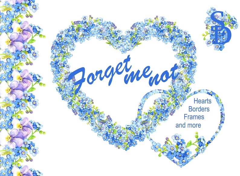 Forget Me Not Watercolor Arrangement Heart Text Box Page Border Sky ...