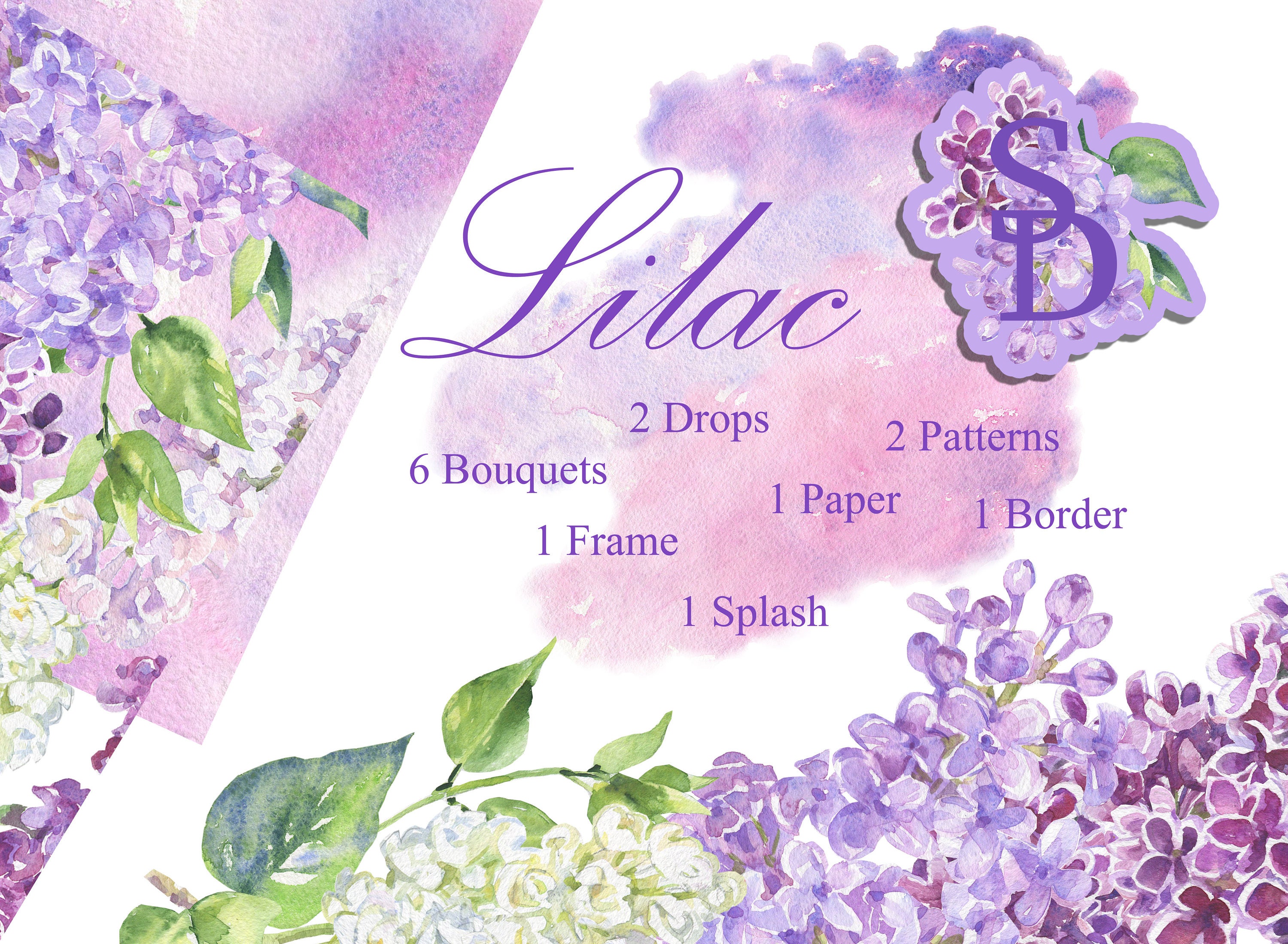 Lilac Branch Border Frame Printable Watercolor Bouquet PNG Handpainted ...