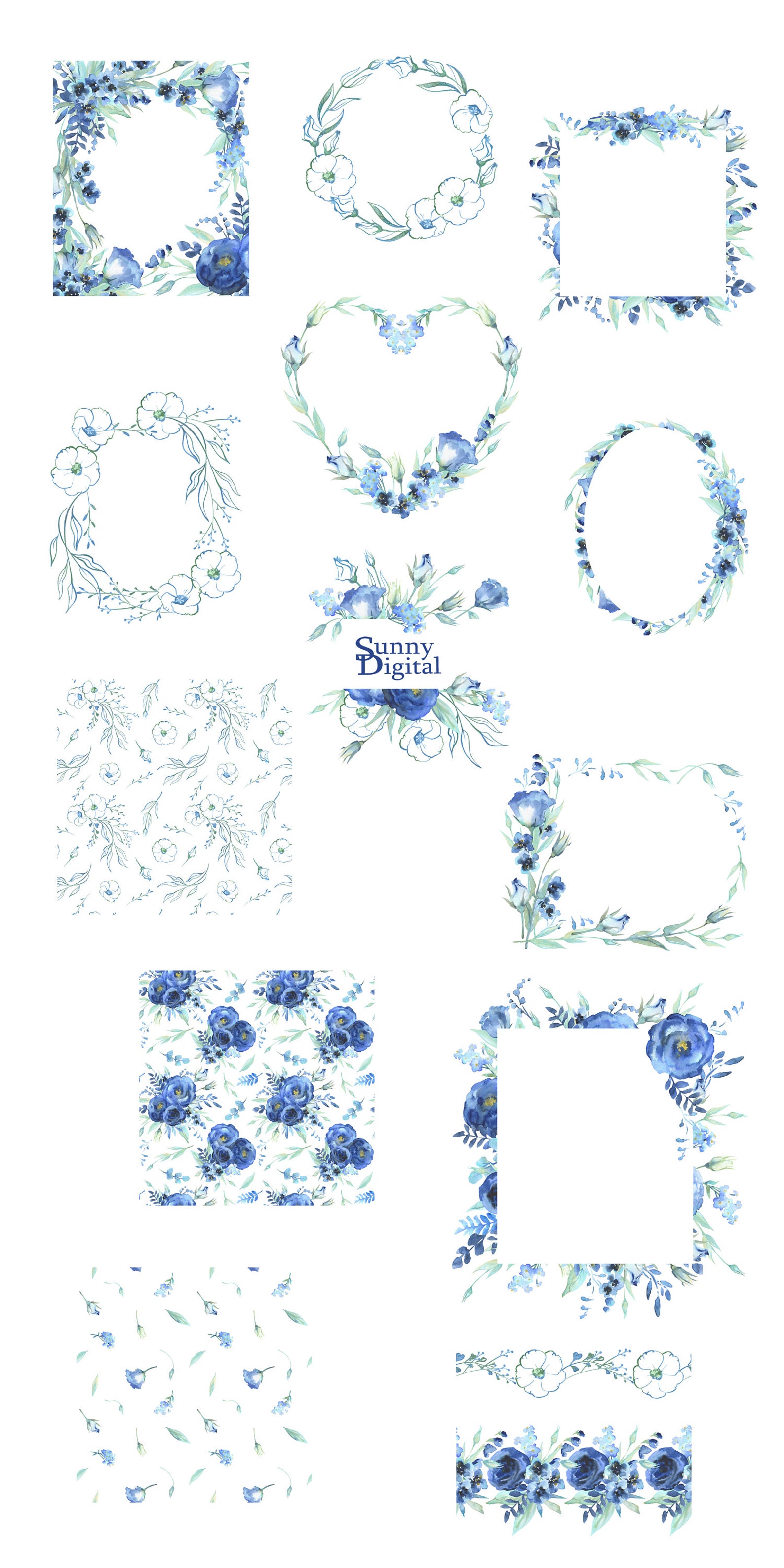 Blue Mint Frame Digital Floral Repeatable Border Hand Painted Rose ...