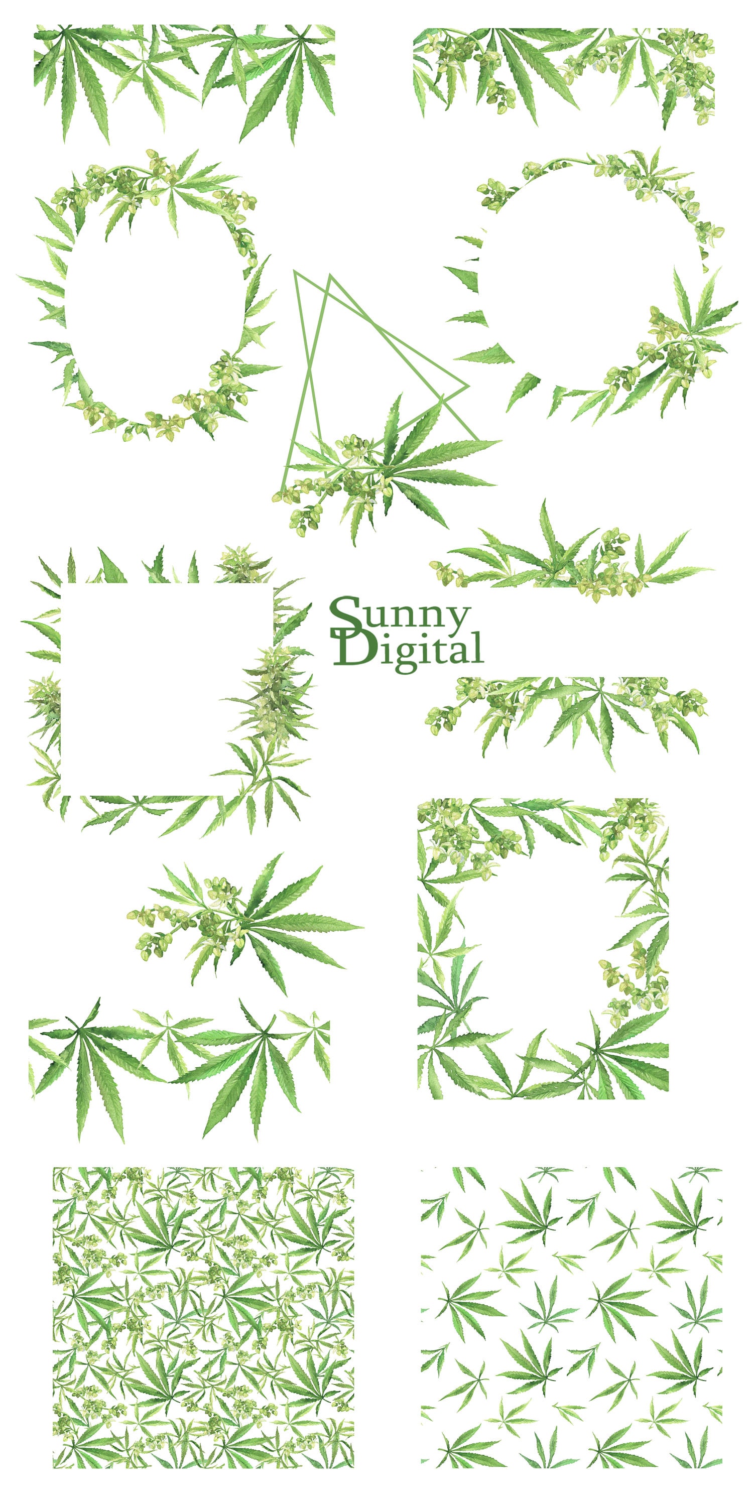 Hemp Text Box Cannabis Textile Pattern Watercolor Leafy Clipart Digital ...