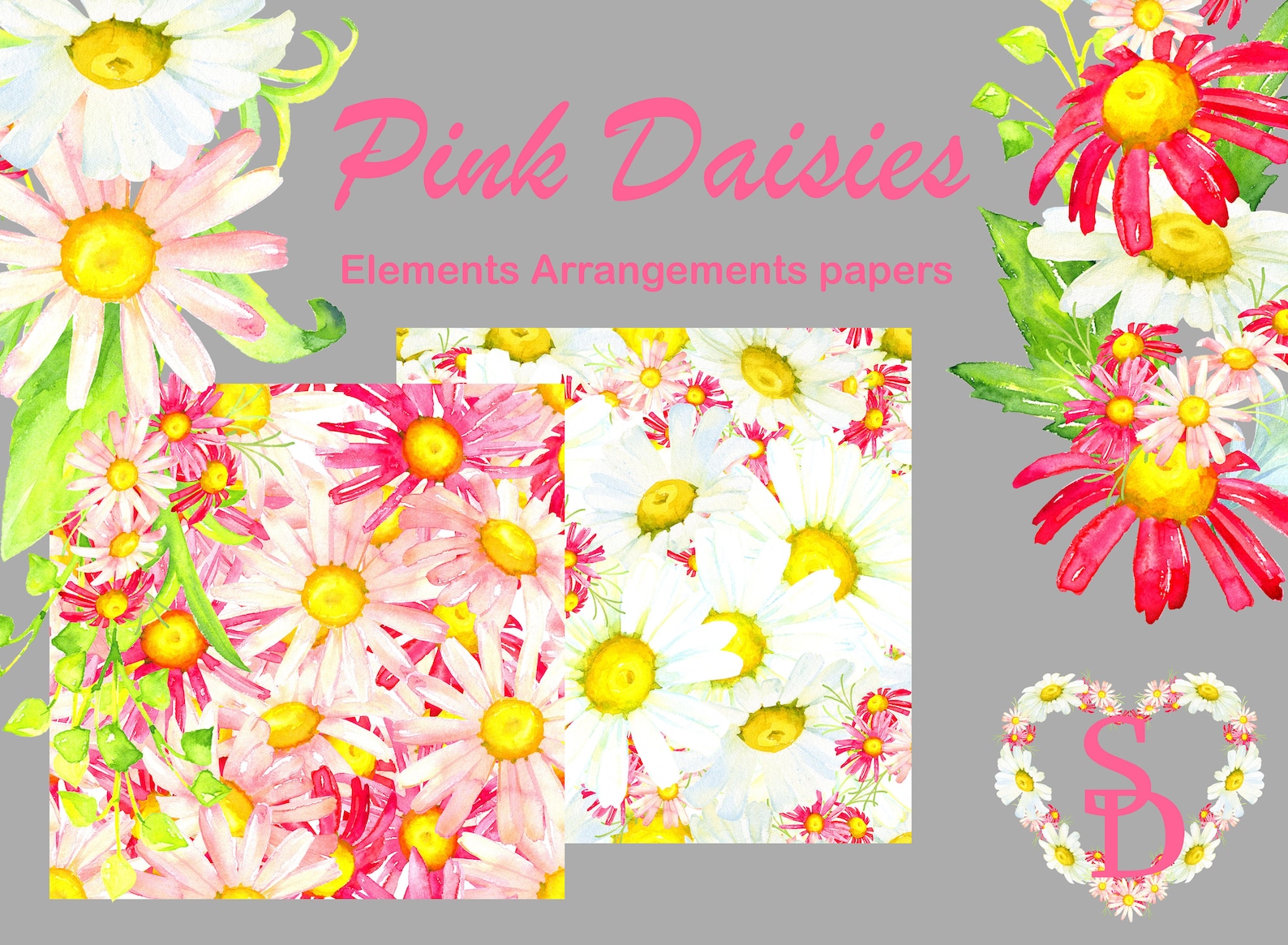 Pink white daisy Watercolor set Floral heart clipart Border | Etsy