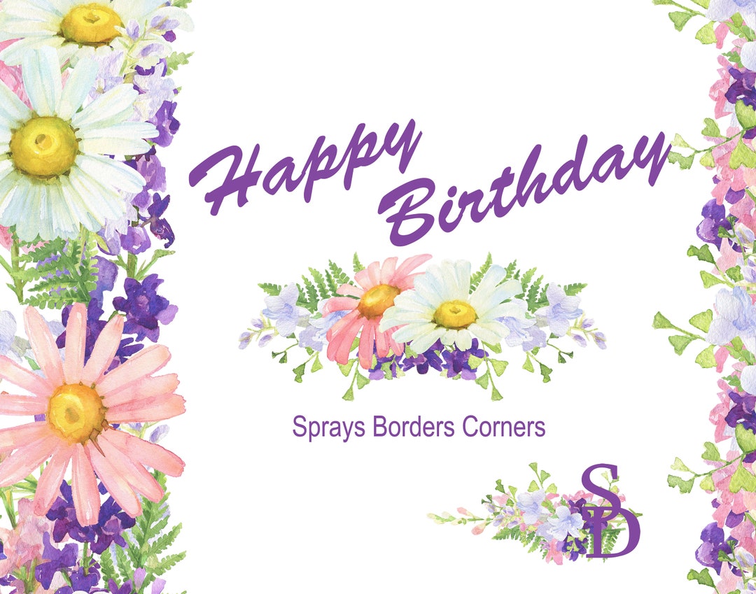 Summer Birthday Spray Daisy Page Border PNG Watercolor Clipart Digital ...