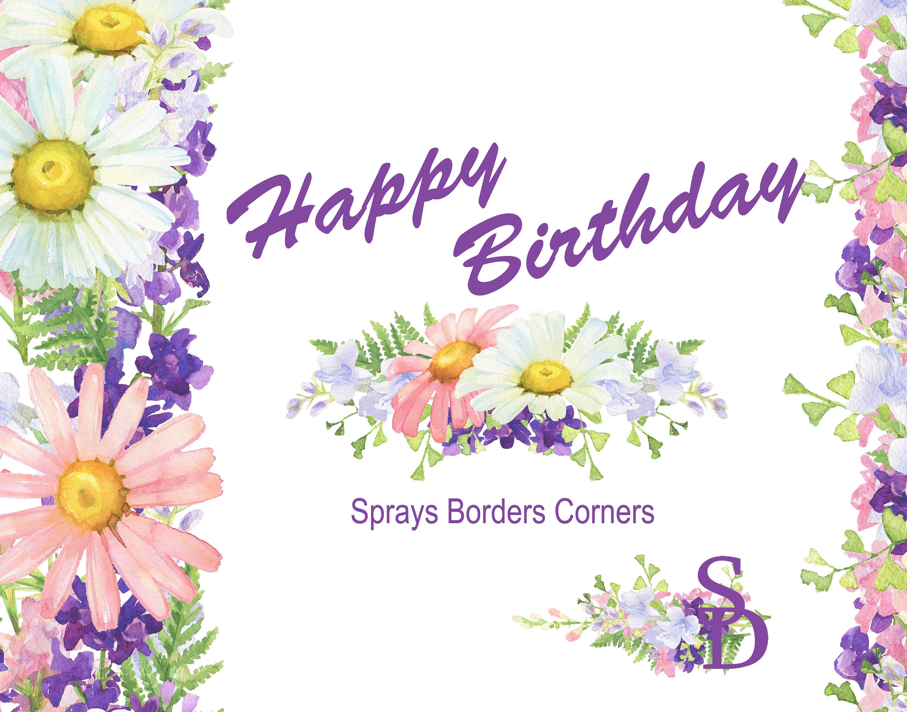 Summer Birthday Spray Daisy Page Border PNG Watercolor Clipart Digital ...