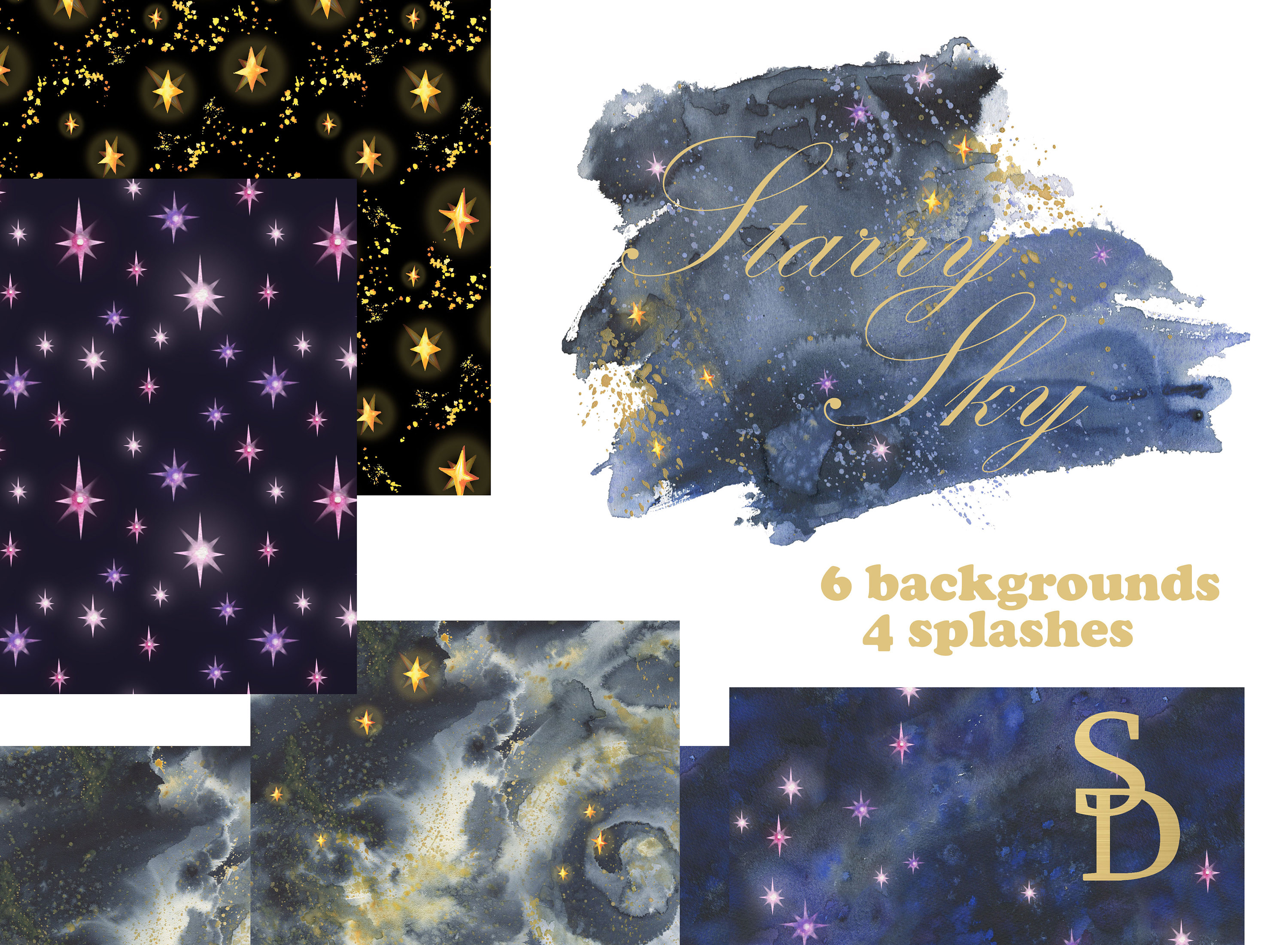 Starry Sky Celestial Washes Watercolor Splash Space Pattern Didital ...