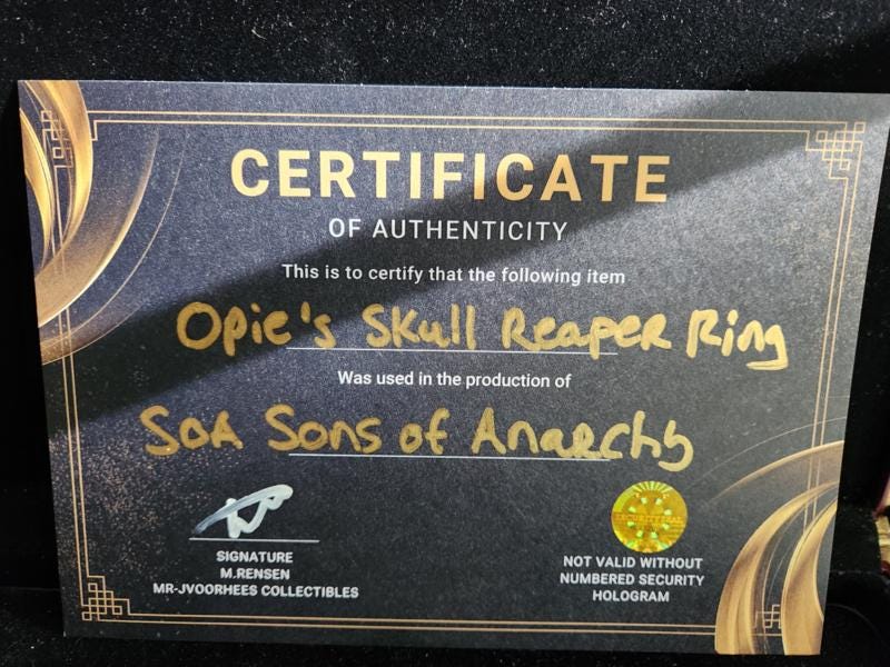 SOA Sons of Anarchy Original Screen Used Opie Small Reaper Ring Movie ...