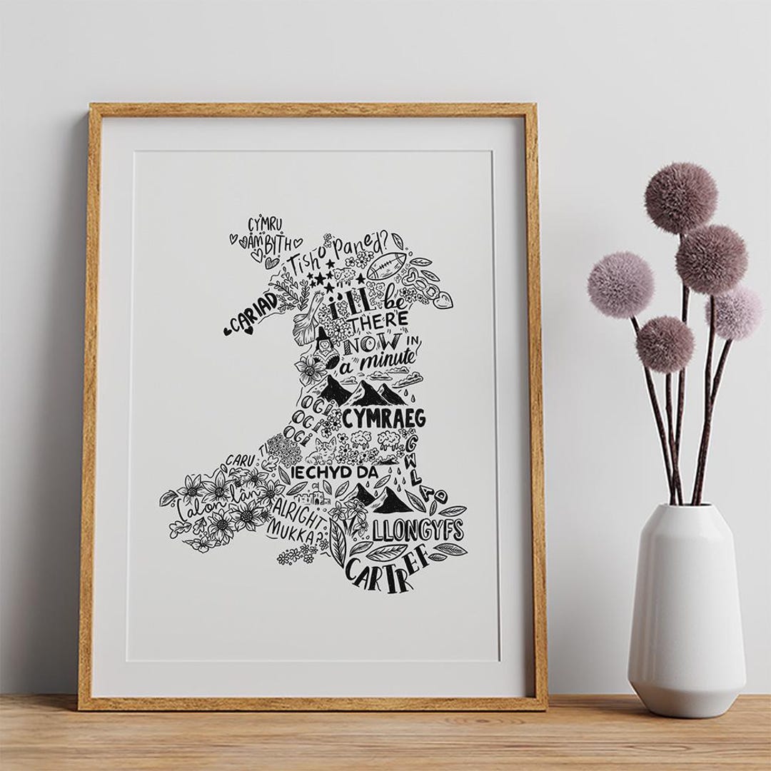 Wales Typography Map Illustration Print Common Sayings Phrases Cymru Am ...