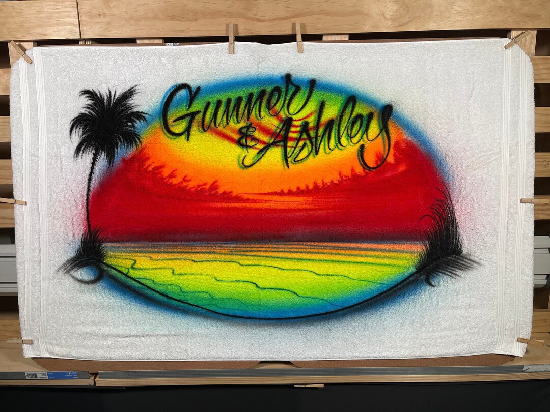 Airbrush Personalized Beach Towel Name Design Sunset Beach Scene Retro ...
