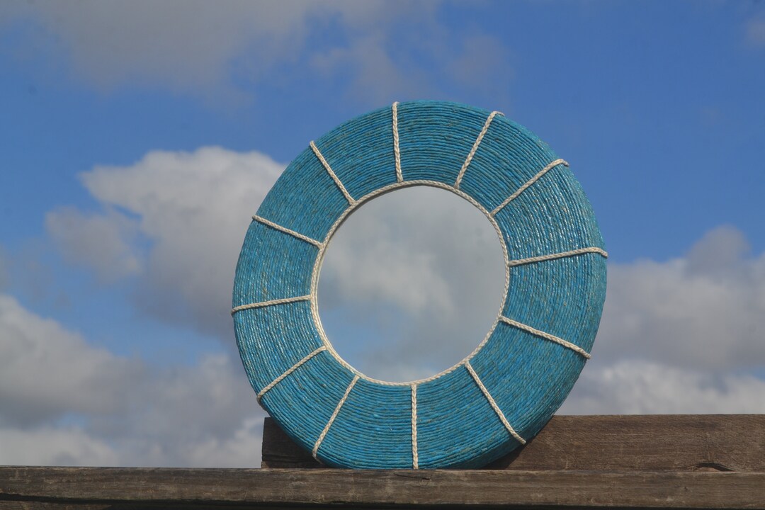 BLUE ROUND MIRROR, Hemp Rope Mirror, Wall Hanging Mirror, Rustic Wall ...