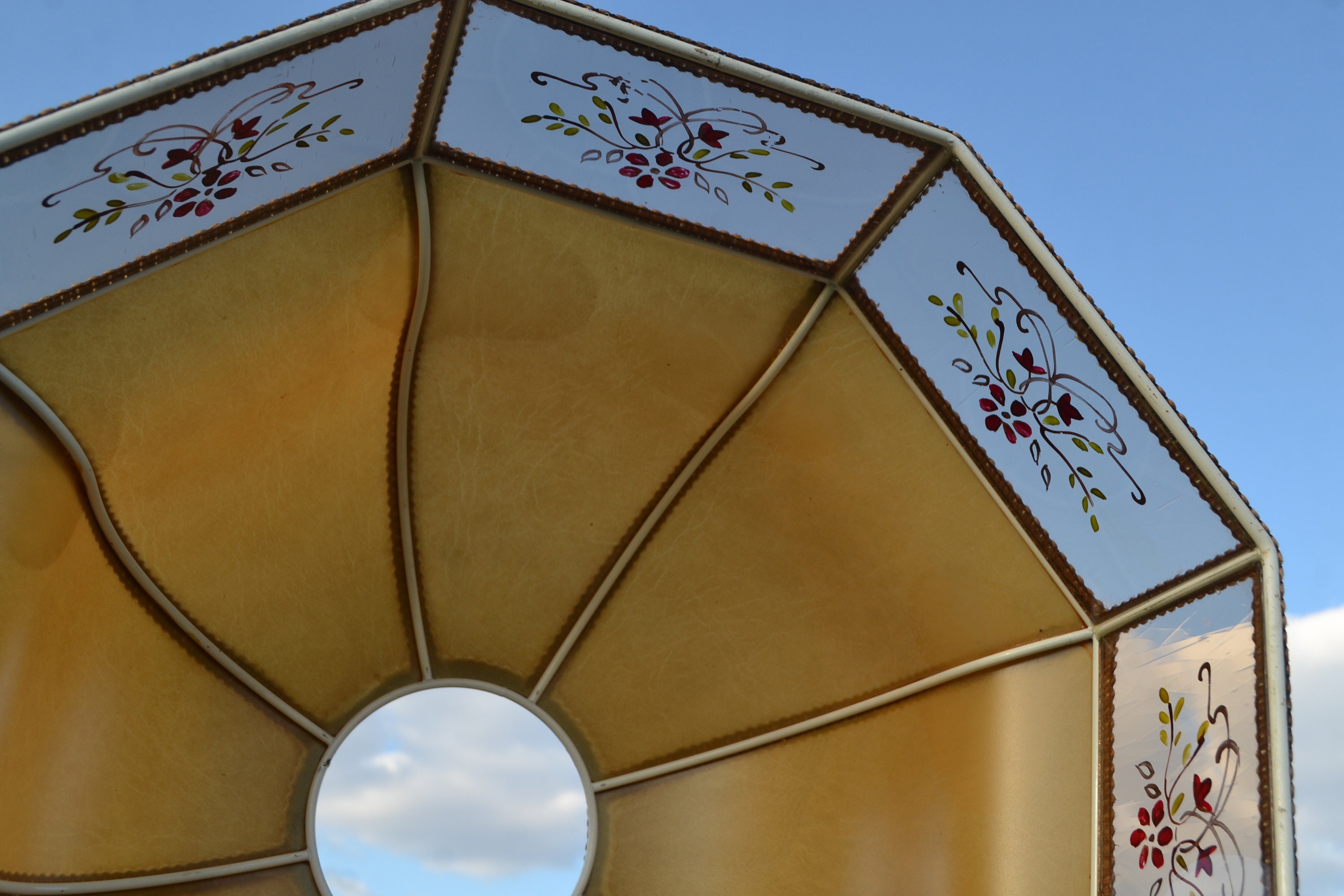 VINTAGE Fake GLASS LEATHER Chandelier, Painted Lampshade, Pendant Light ...