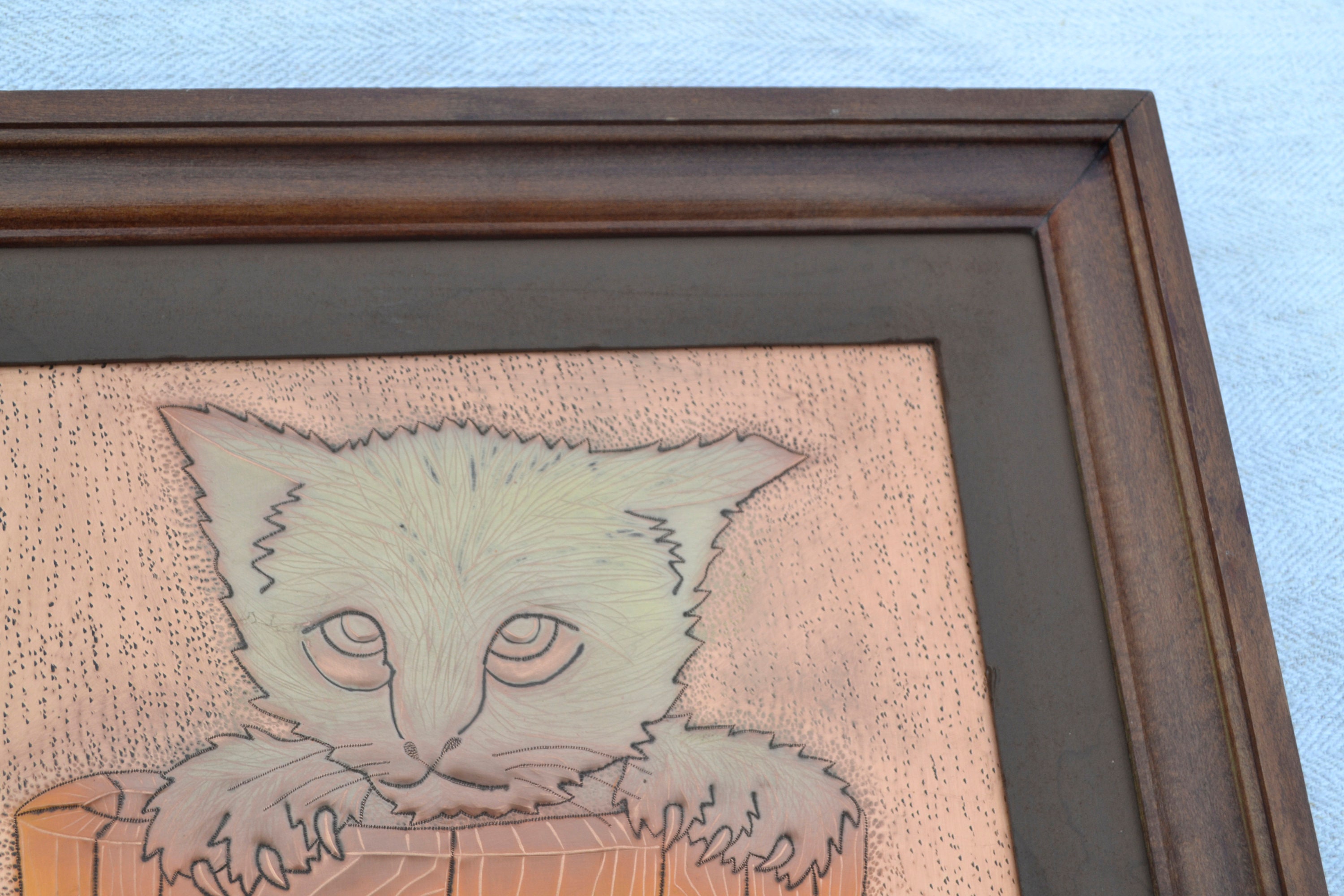 ETCHED COPPER CAT, Vintage Copper Etching Cat, 38 X 42 Cm Wooden Frame ...