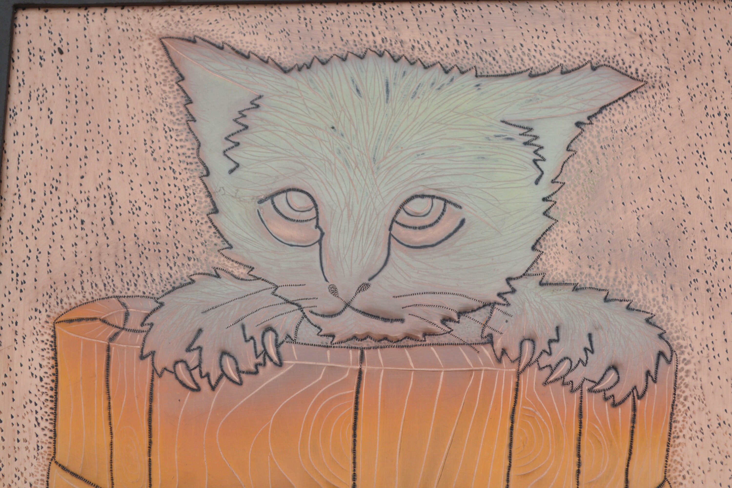 ETCHED COPPER CAT, Vintage Copper Etching Cat, 38 X 42 Cm Wooden Frame ...