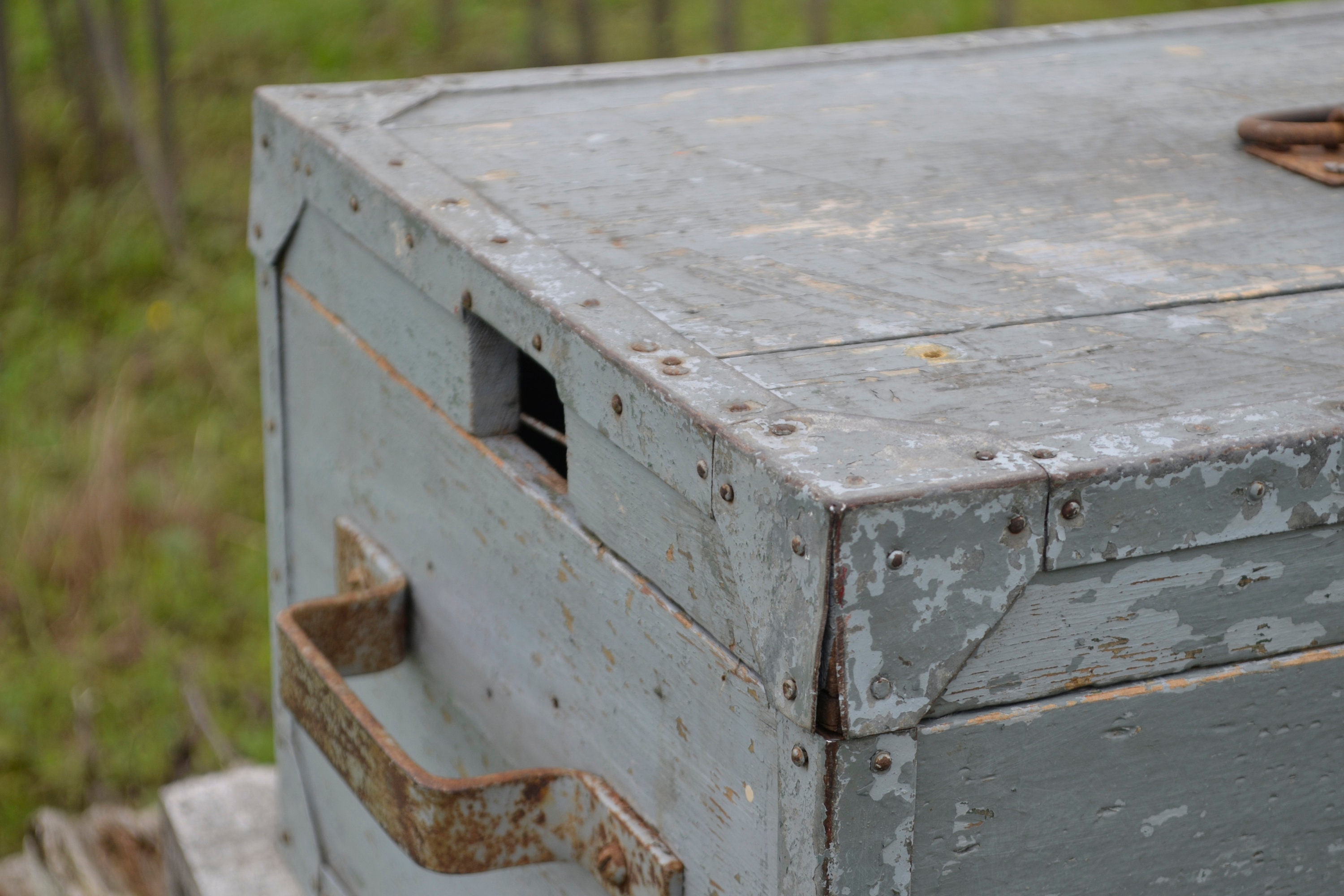 GRAY WOODEN BOX, Large Vintage Trunk, Military Box, Lockable Storage ...