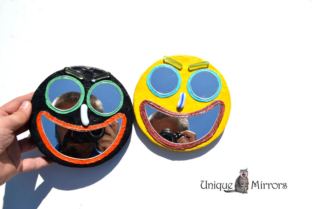 2 ANGRY SMILEYS MIRROR Set, Yellow & Black Angry Smiley Mirror, White ...