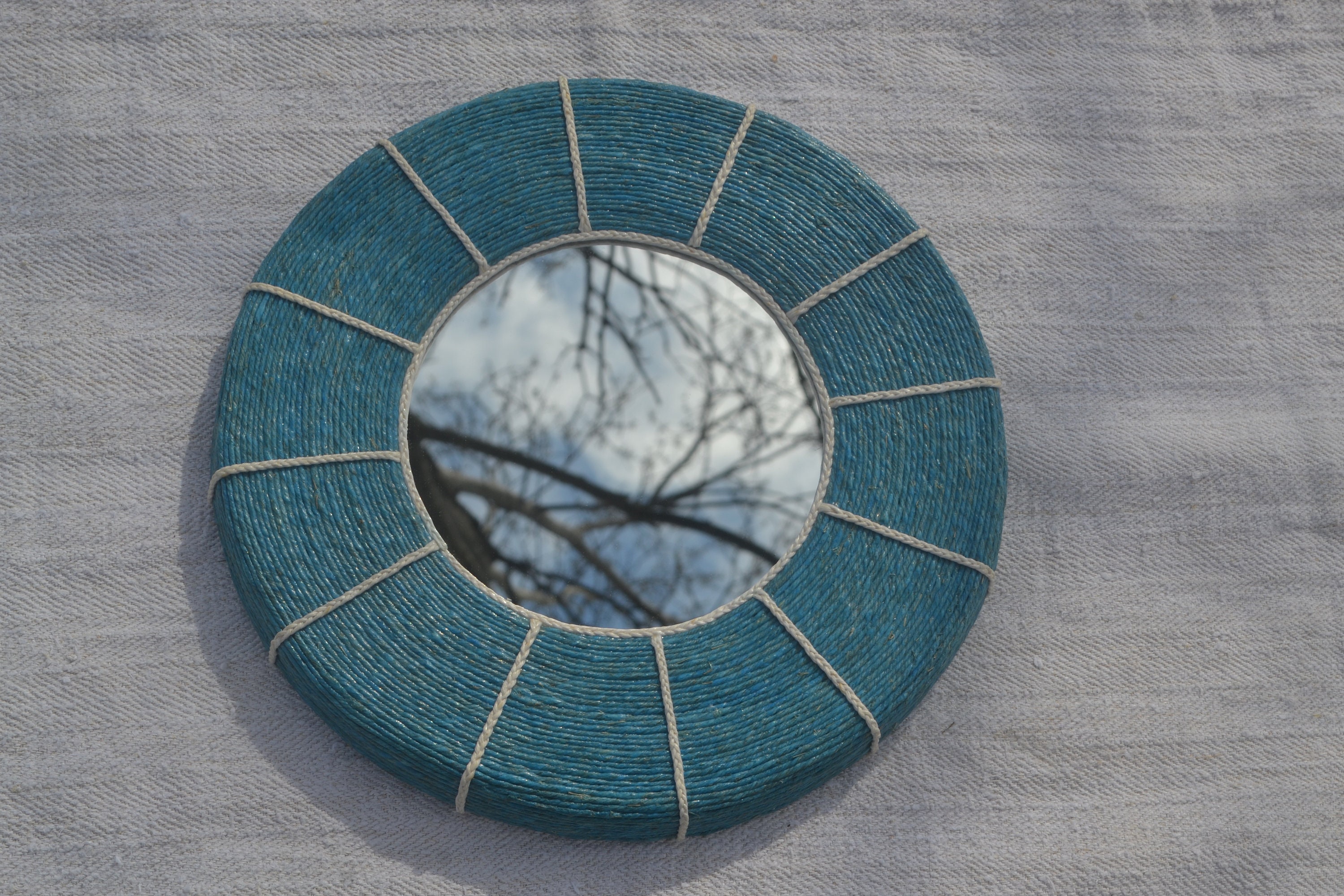 BLUE ROUND MIRROR, Hemp Rope Mirror, Wall Hanging Mirror, Rustic Wall ...