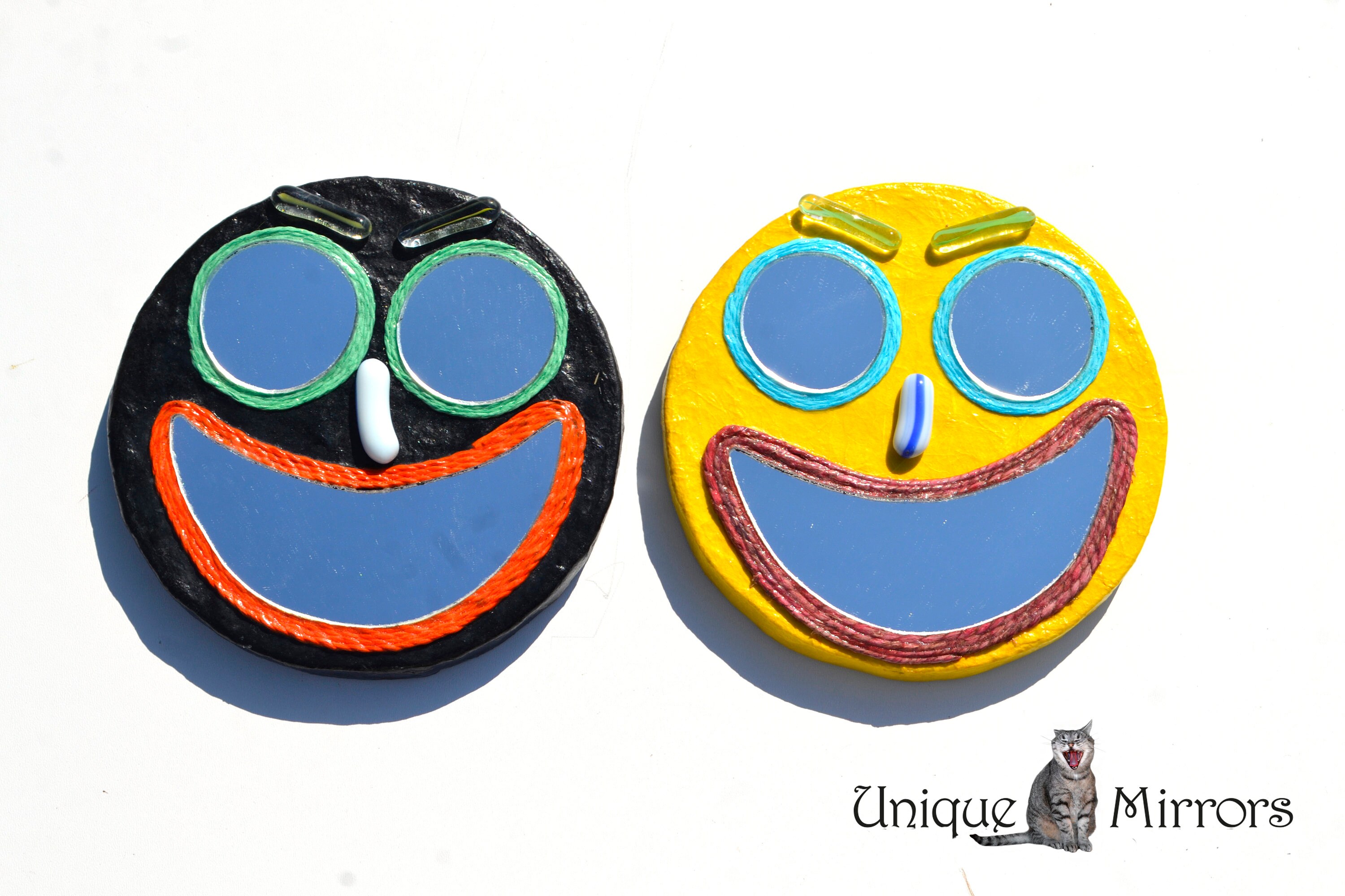 2 ANGRY SMILEYS MIRROR Set, Yellow & Black Angry Smiley Mirror, White ...