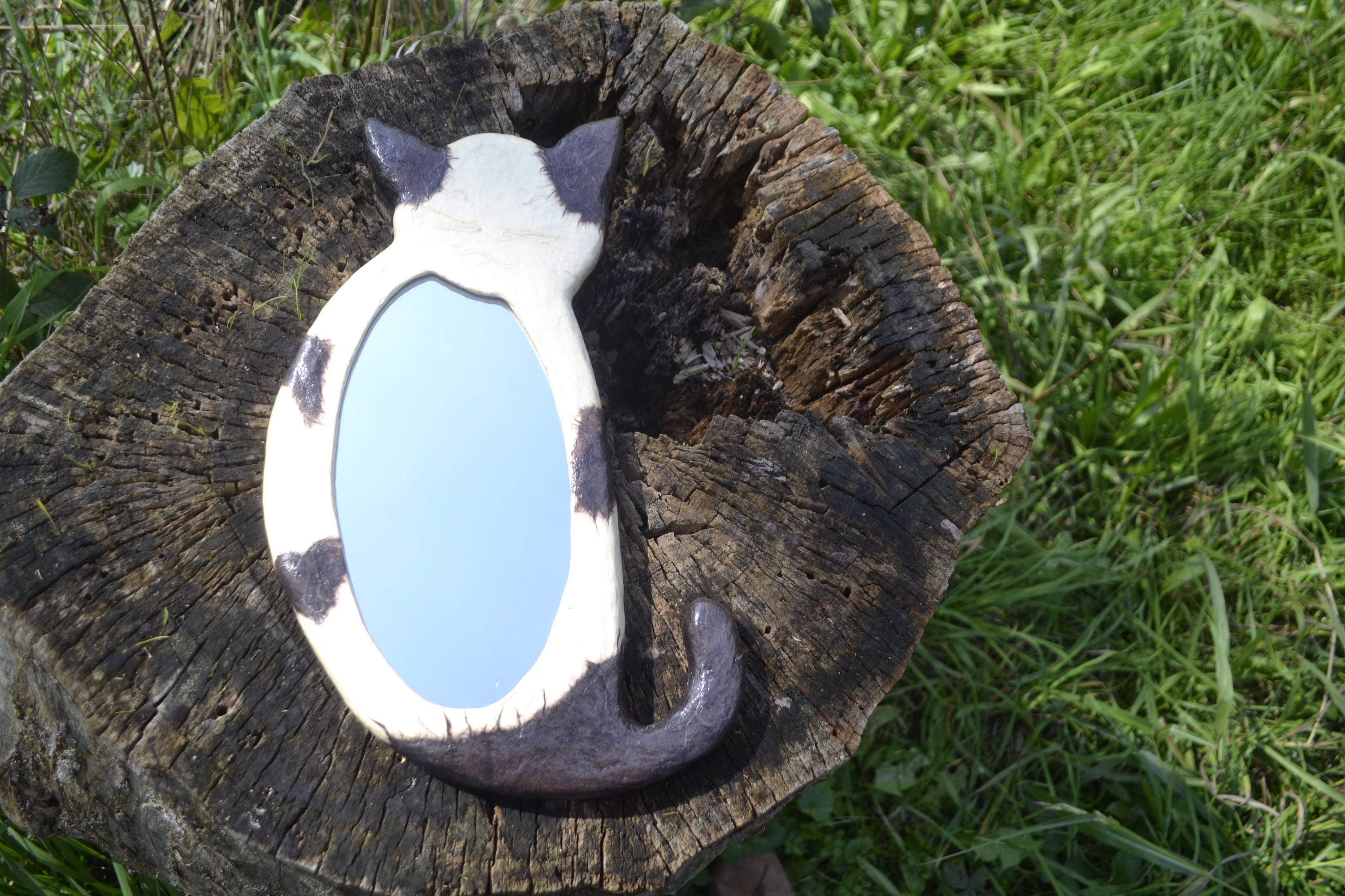 WHITE CAT Decorative Wall MIRROR, White Cat With Black Patches Cat ...