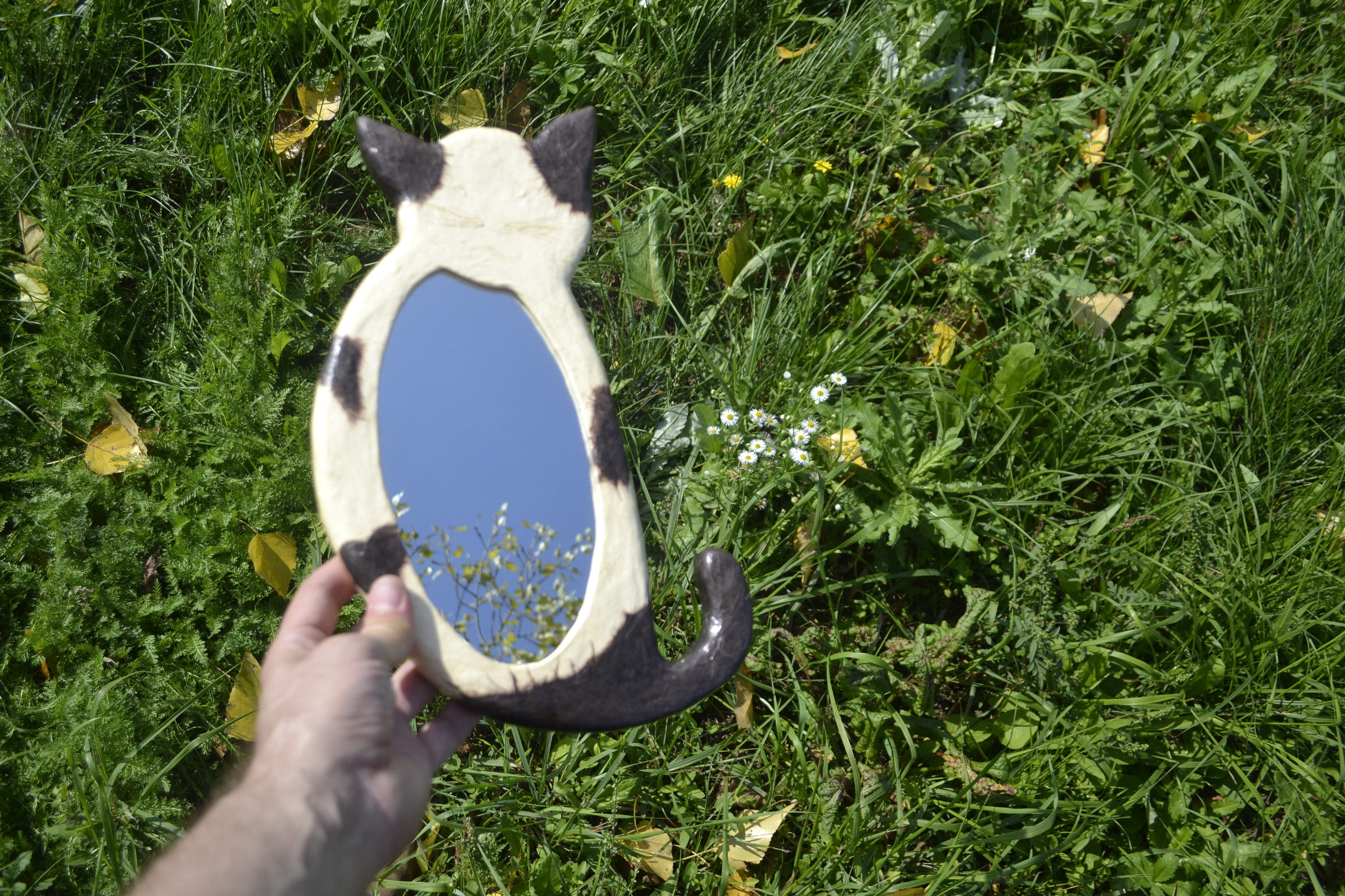 WHITE CAT Decorative Wall MIRROR, White Cat With Black Patches Cat ...