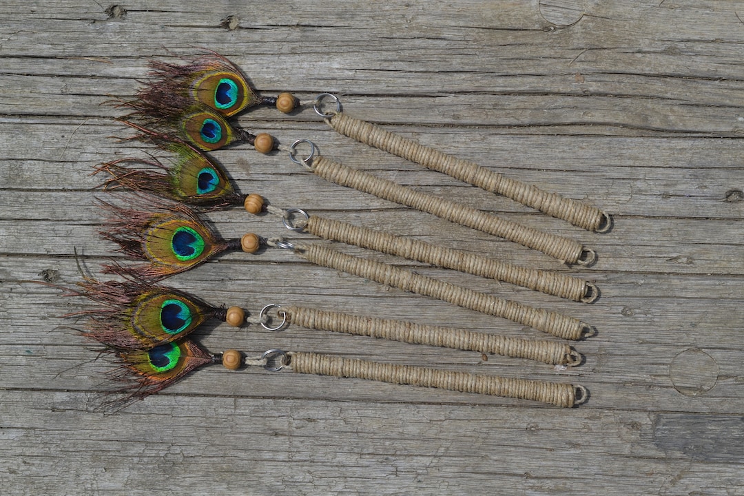 6 PEACOCK EYES HANGING, Real Peacock Feathers, Hemp Rope Wall Hanging ...