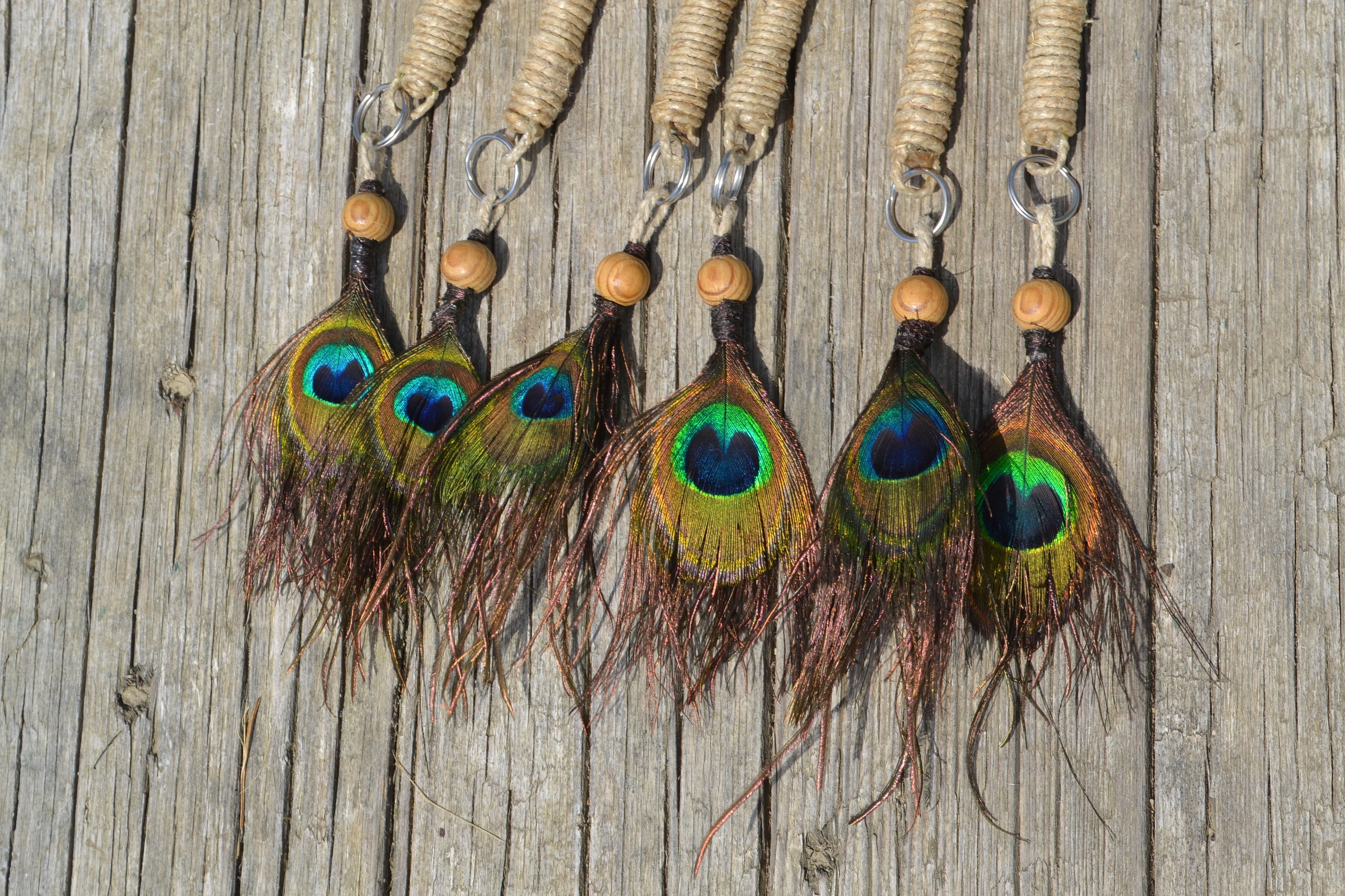 6 PEACOCK EYES HANGING, Real Peacock Feathers, Hemp Rope Wall Hanging ...