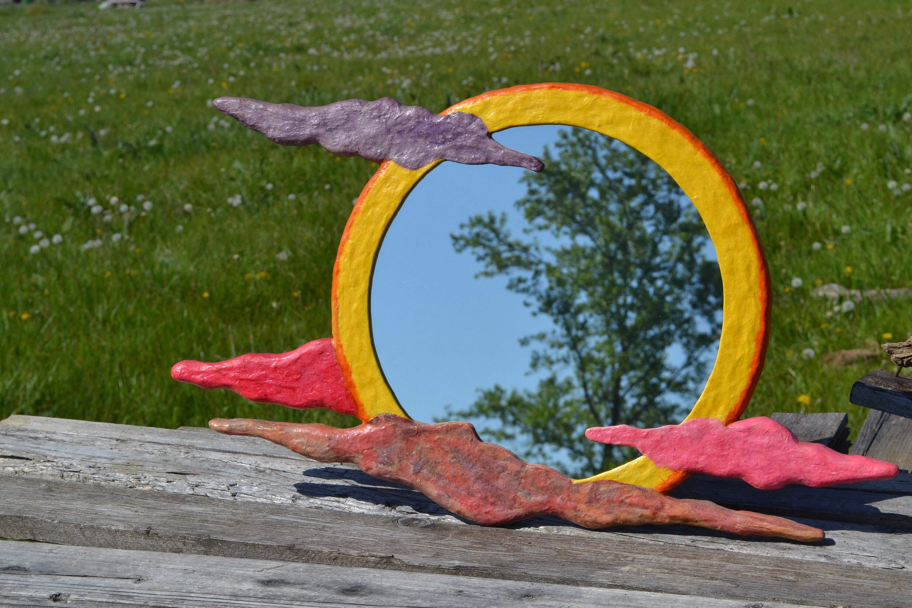 PAPERMACHE SUN MIRROR Yellow Sun & Clouds Mirror, Round Sun Mirror, New ...