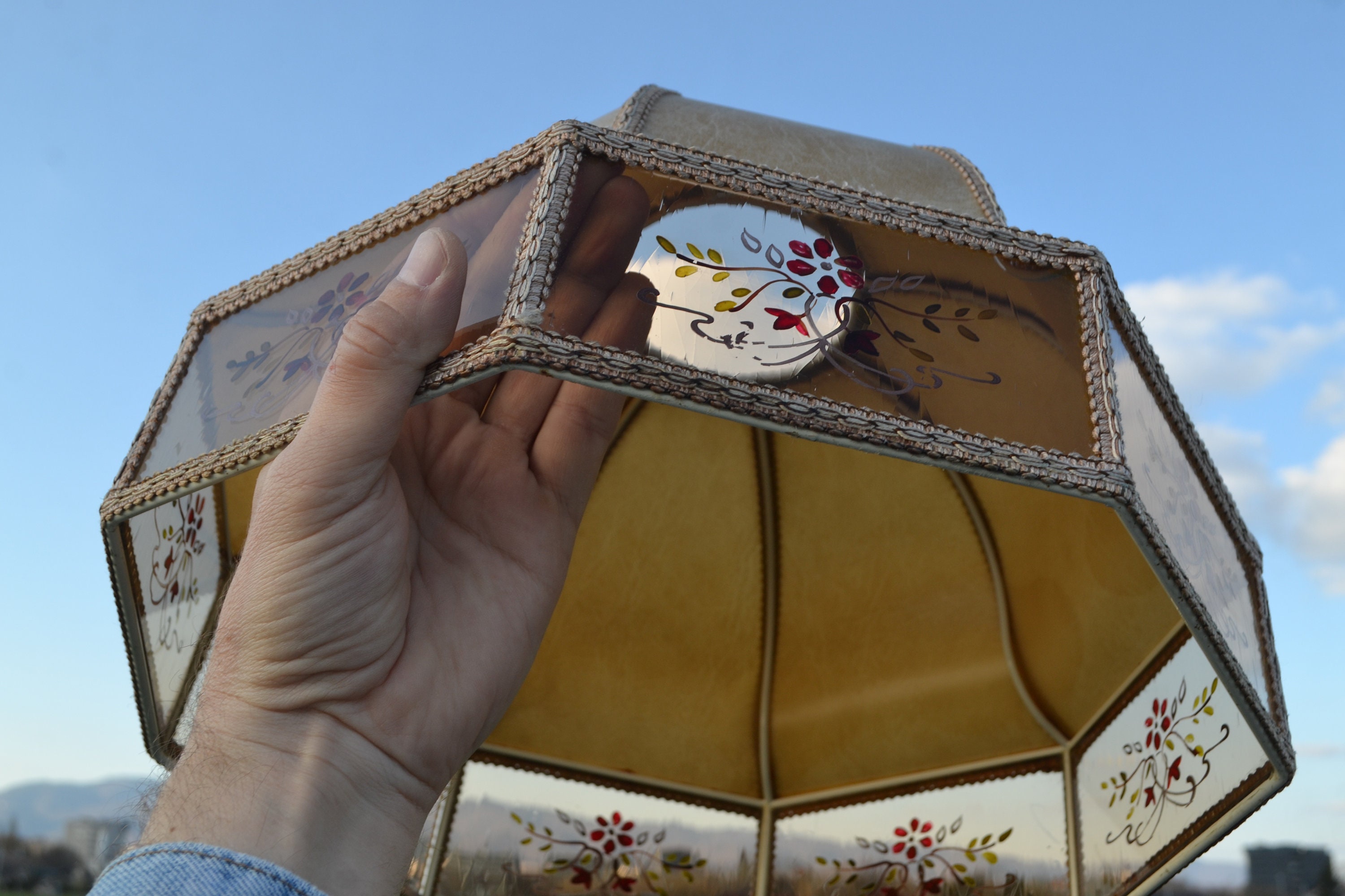 VINTAGE Fake GLASS LEATHER Chandelier, Painted Lampshade, Pendant Light ...