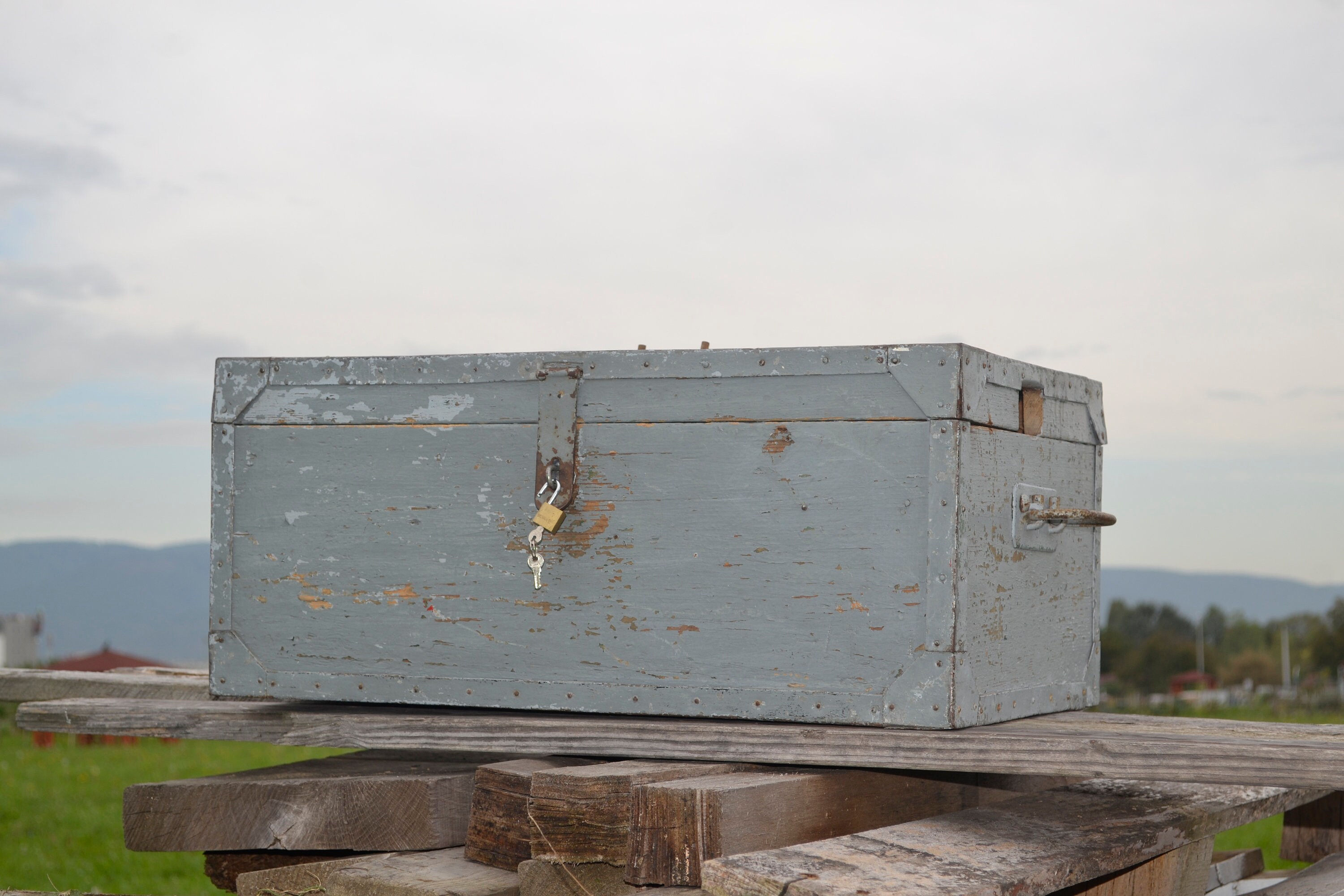 GRAY WOODEN BOX, Large Vintage Trunk, Military Box, Lockable Storage ...