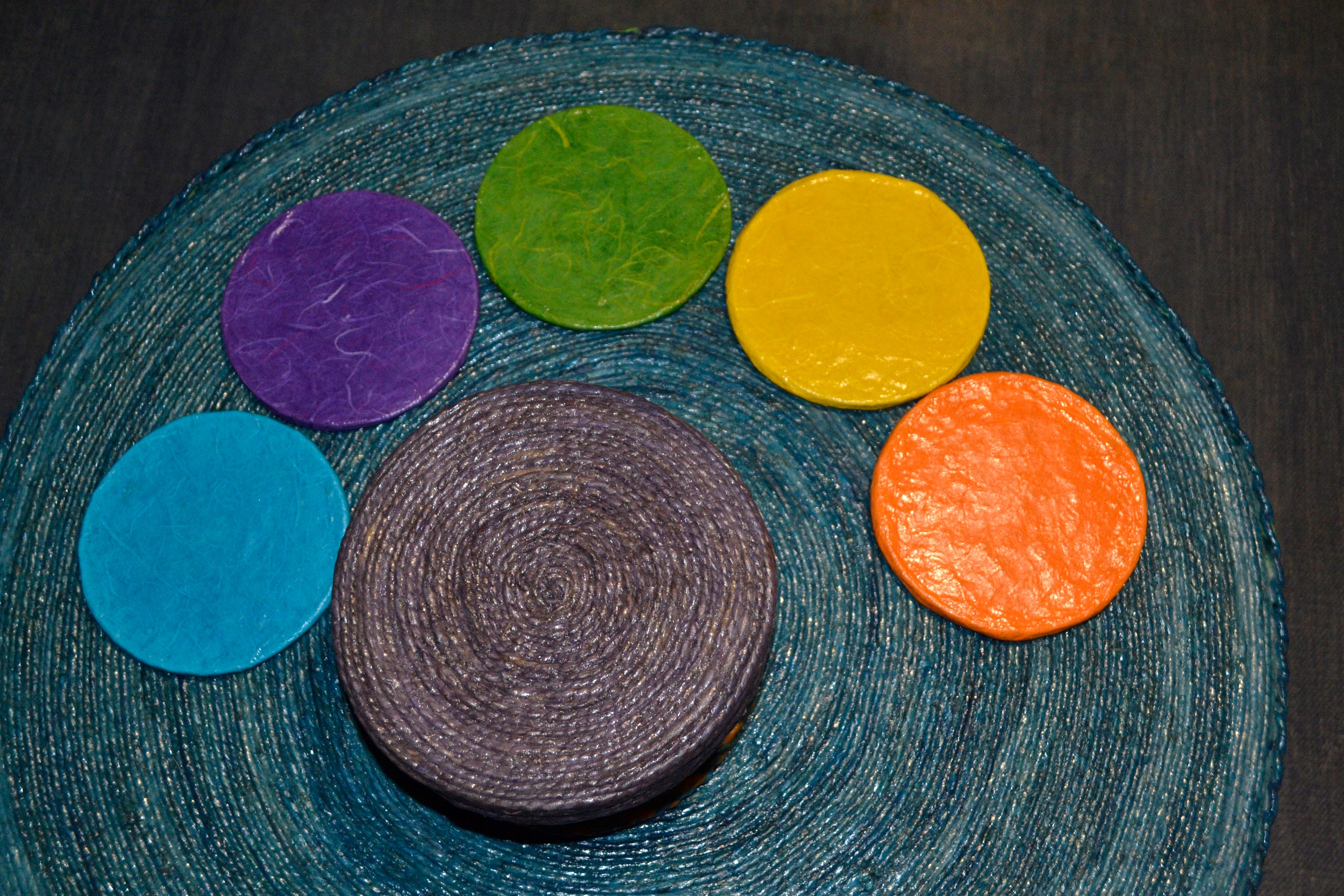 RAINBOW Papier-mache COASTER, Set of 5 Coasters, Recycled CD Coasters ...