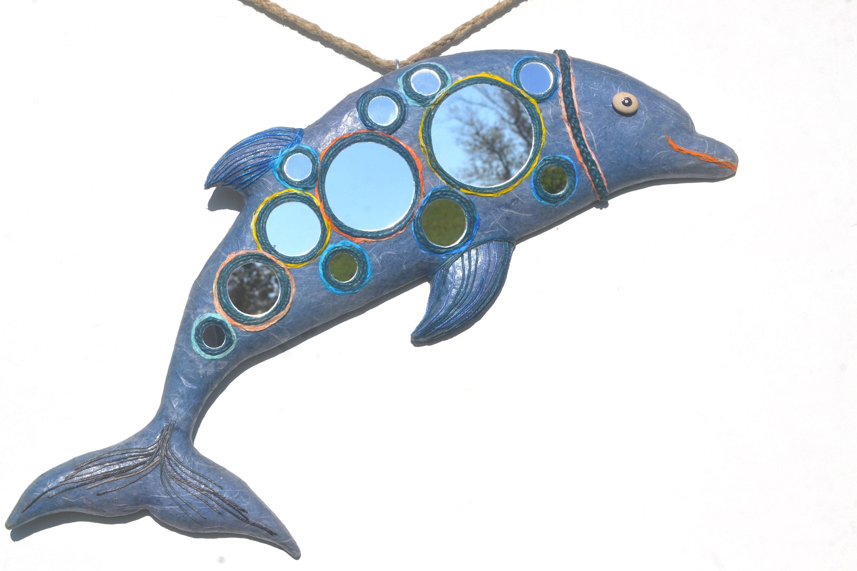 DOLPHIN With 12 ROUND MIRRORS Wall Hanging, Blue Dolphin Hanging ...
