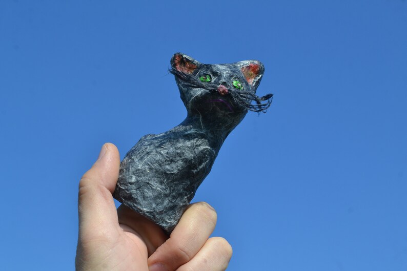 PAPIER-MACHE CAT, Grey Paper Cat, Finger Cat Puppet, Cute Kitten Statue ...