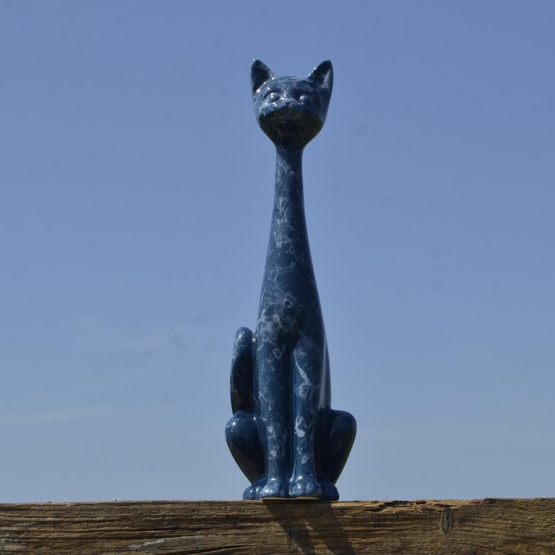VINTAGE PORCELAIN CAT, Blue Marbled Cat, Long Necked Cat, Blue Cat ...