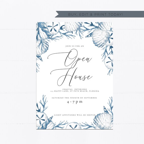 Seashell Open House Invitation Template 5x7 Editable | Etsy