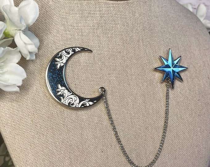Celestial Moon and Star Collar Pins Hard Enamel Pin Silver Colored ...