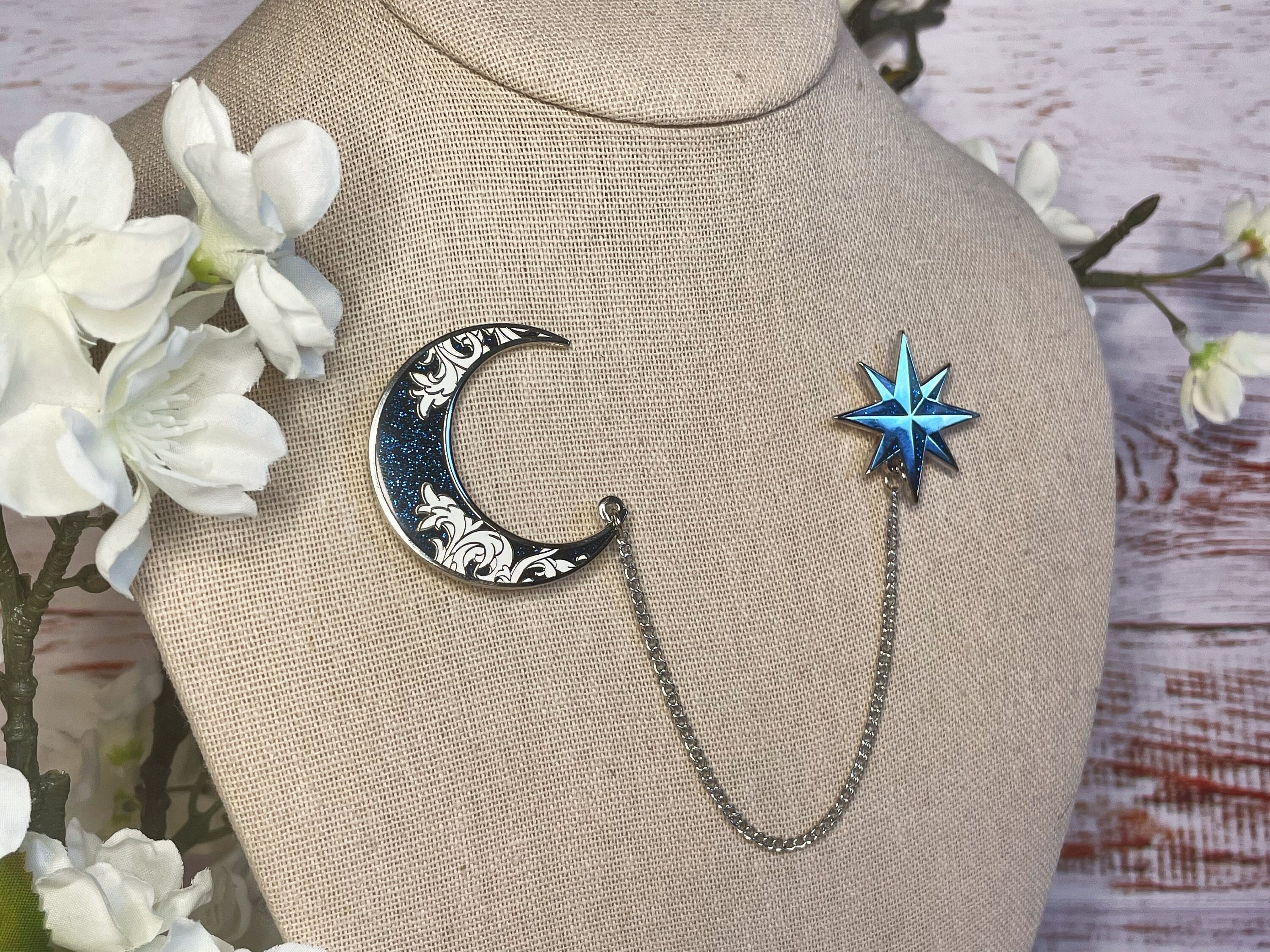 Celestial Moon and Star Collar Pins - Hard Enamel Pin Silver Colored ...