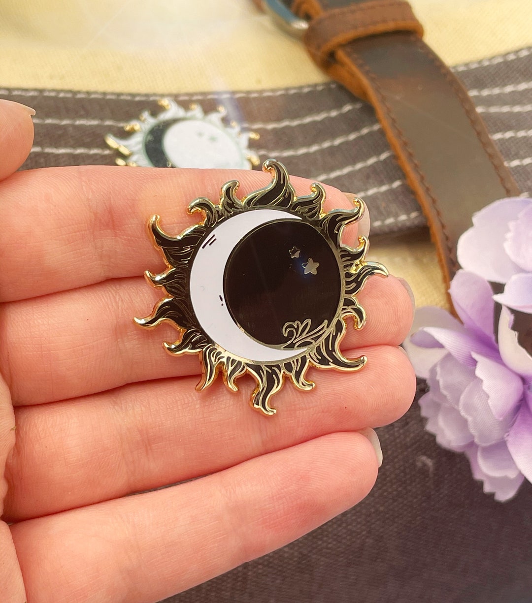 Original Celestial Sun and Moon Hard Enamel Pins Black Glitter Glow in ...