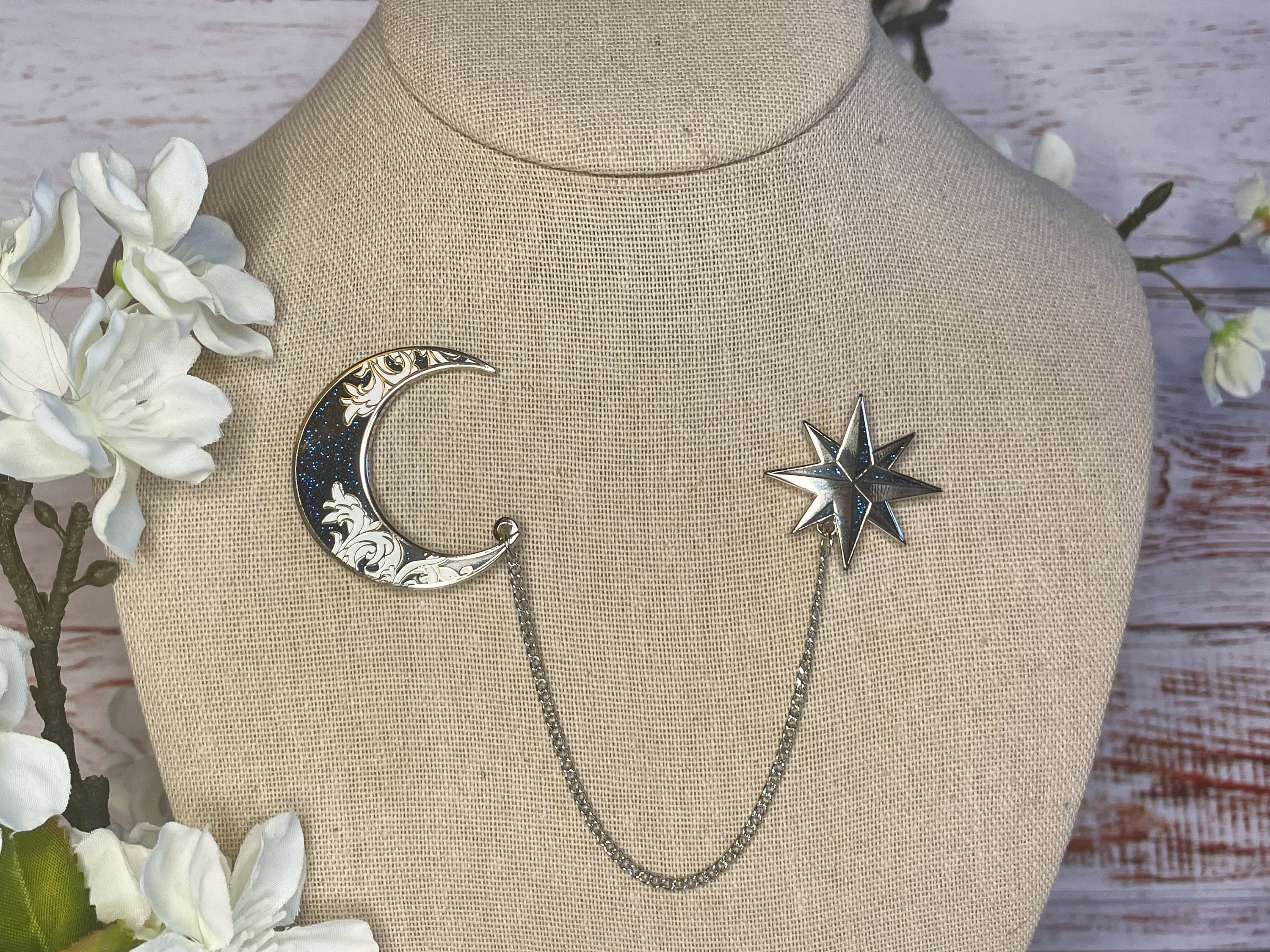 Celestial Moon and Star Collar Pins - Hard Enamel Pin Silver Colored ...