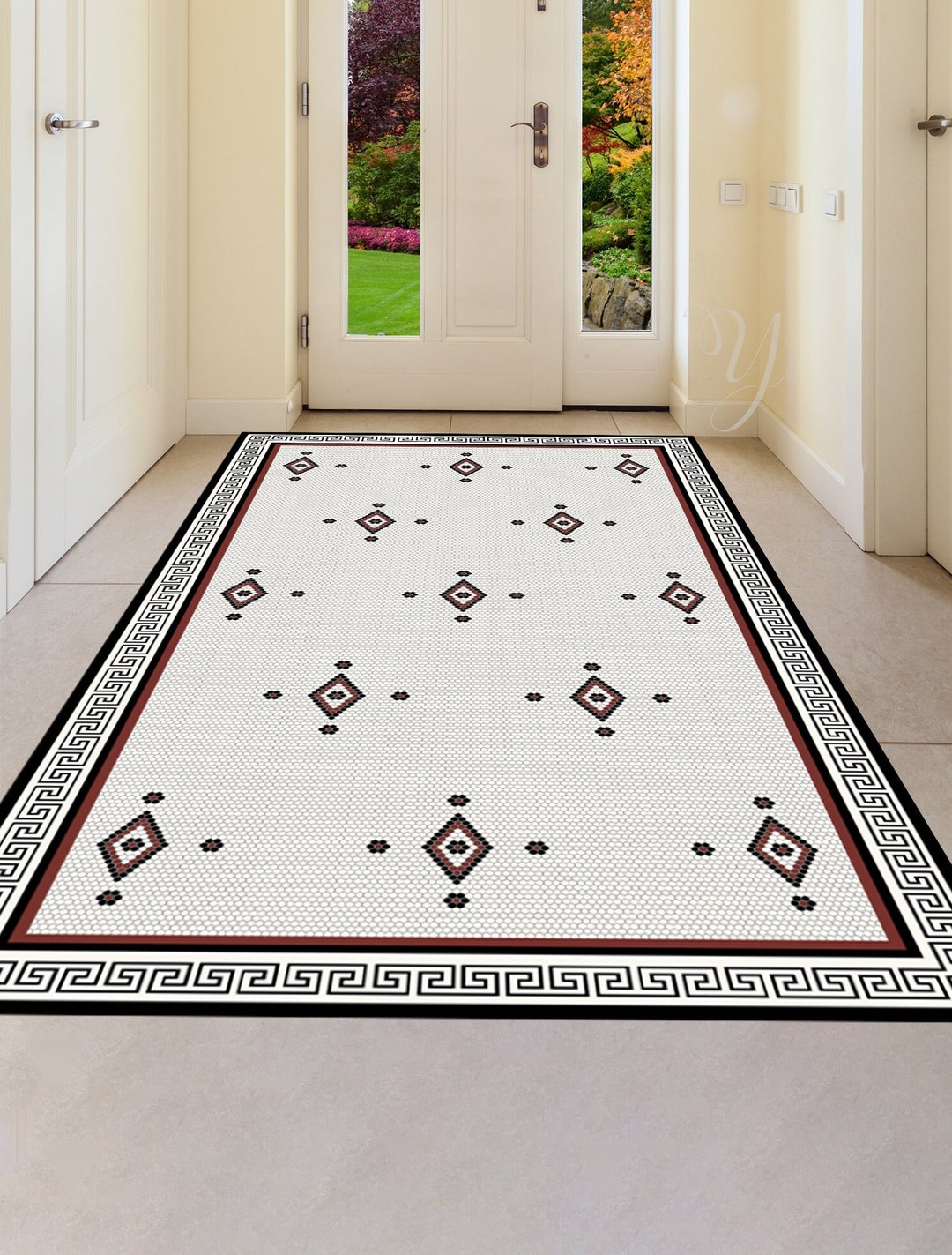 Retro Mosaic Vinyl Floor Mat: Black and White Geometric Rug - Etsy